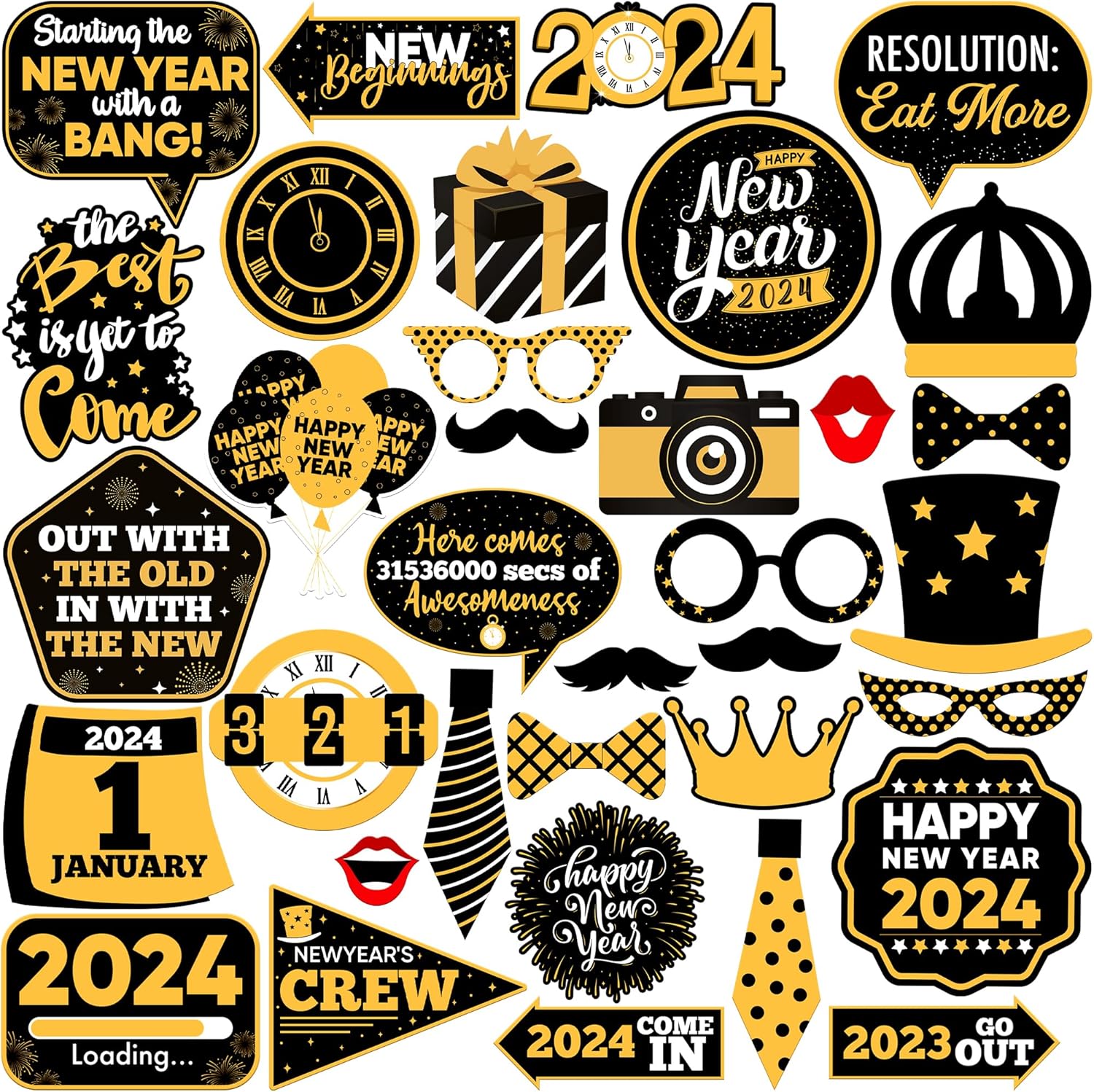 Amazon.com: KatchOn, New Years Photo Booth Props 2024 - Pack of 35, New ...