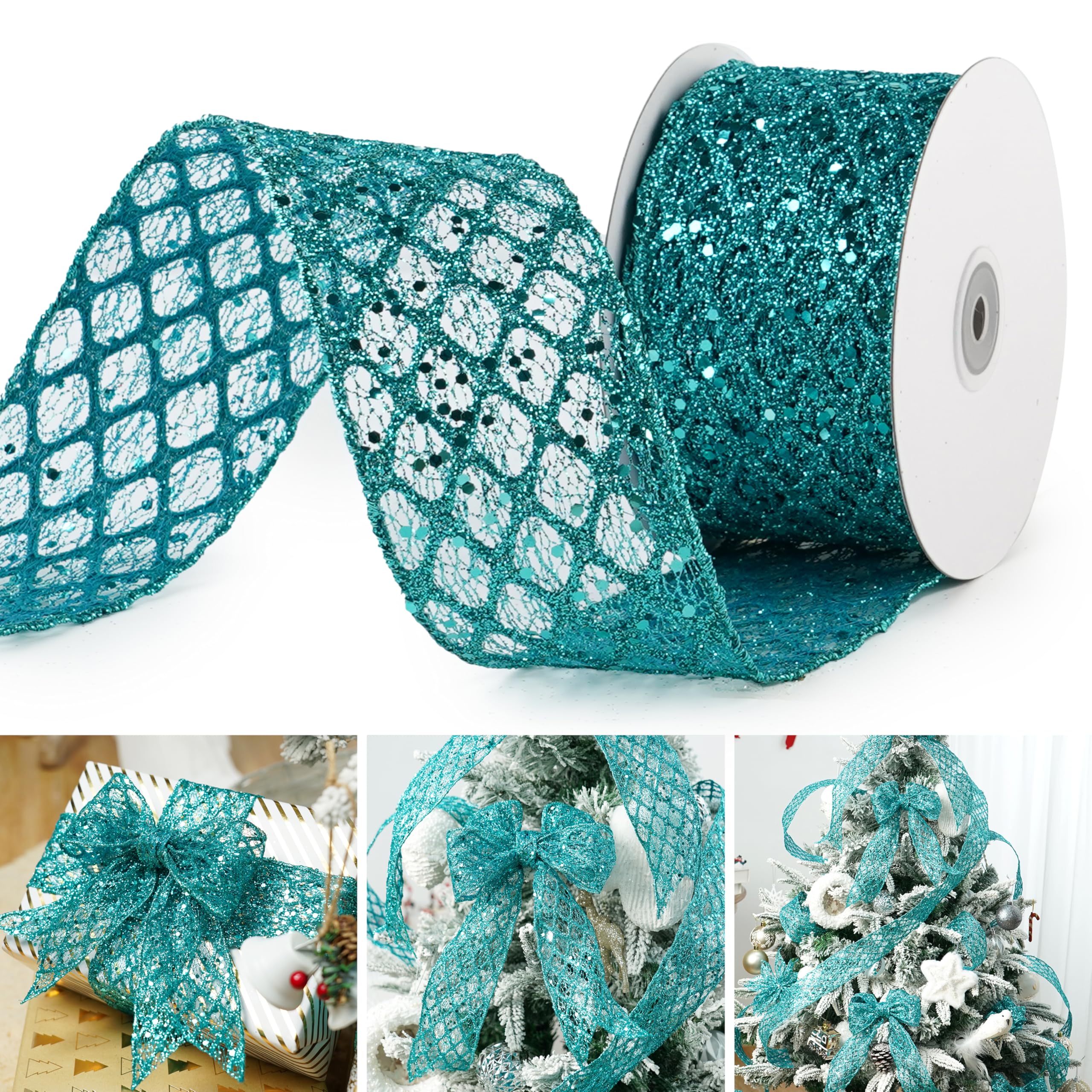 Amazon.com: Mayreel Teal Blue Glitter Diamond Mesh Wired Ribbon 2.5 ...
