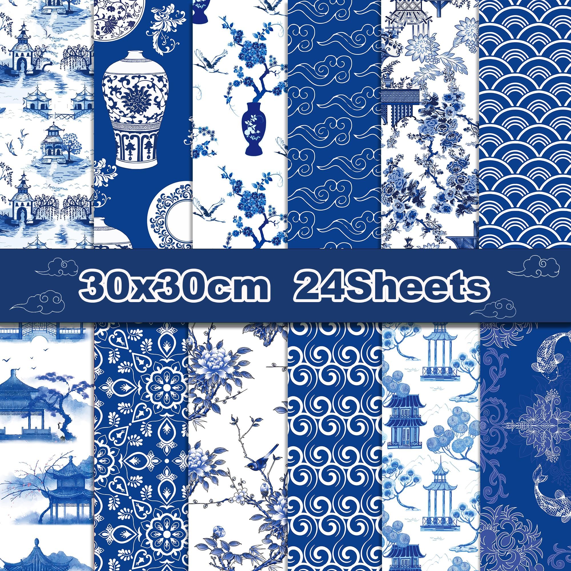 Amazon.com : 24 Sheets Chinoiserie Pattern Scrapbook Paper, 12 Design Blue White Porcelain ...