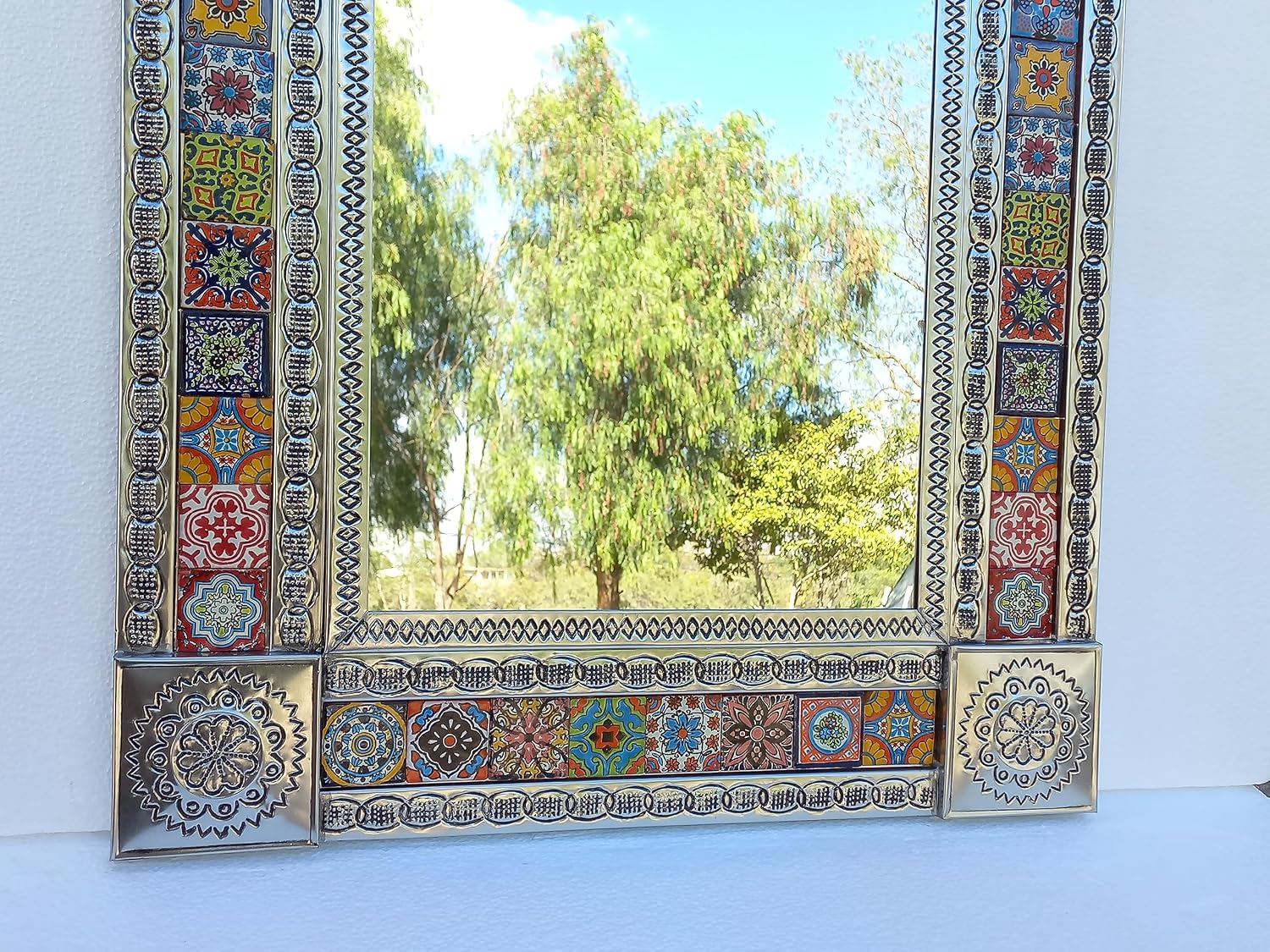 34″ PUNCHED TIN MIRROR with mixed talavera tile mexican folk art wall ...