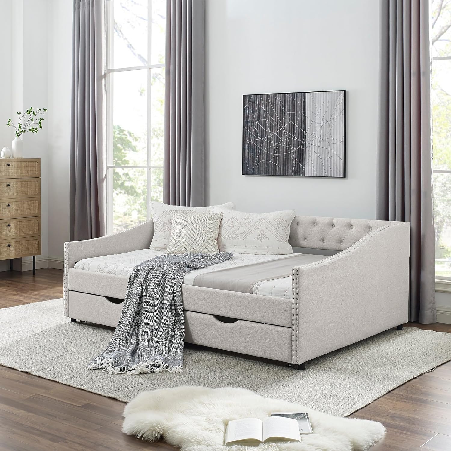 Amazon.com: TABBC Full Size Upholstered Daybed with Two Storage Trundle ...