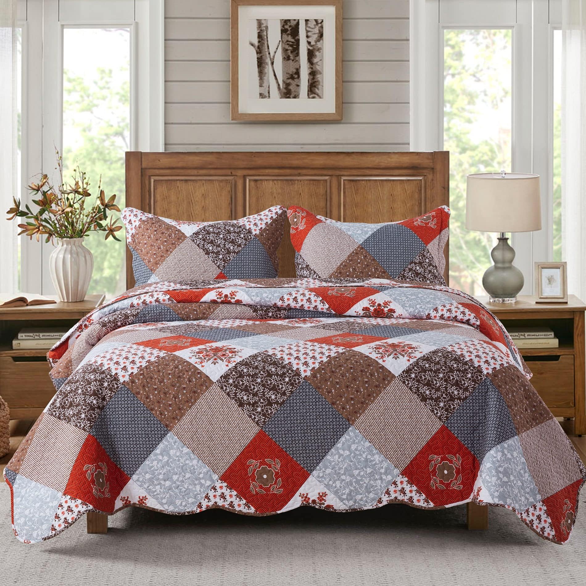 Amazon.com: NELIFDER Red Country Plaid Boho Vintage Patchwork King Size ...