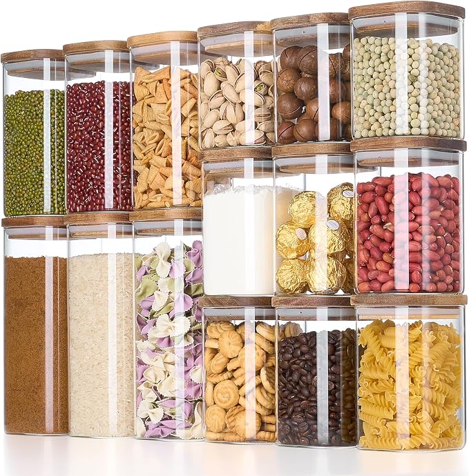 Danmu Art 15-Pack Borosilicate Glass Square Jars Set with Acacia Wood ...