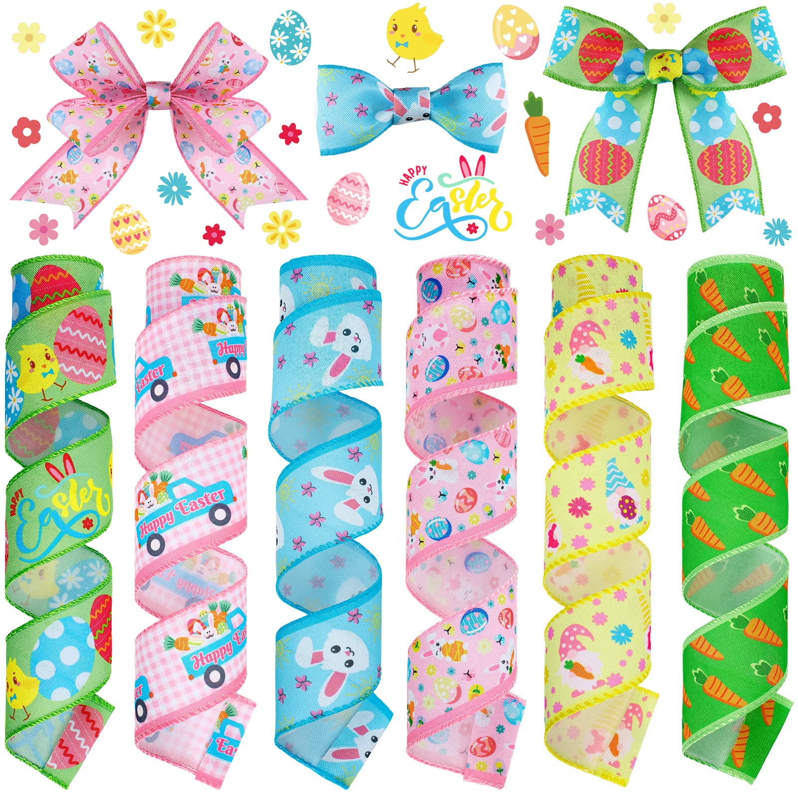 Amazon.com: 6 Rolls 30 Yards Easter Ribbon 2 Inch Bunny Egg Rabbit ...
