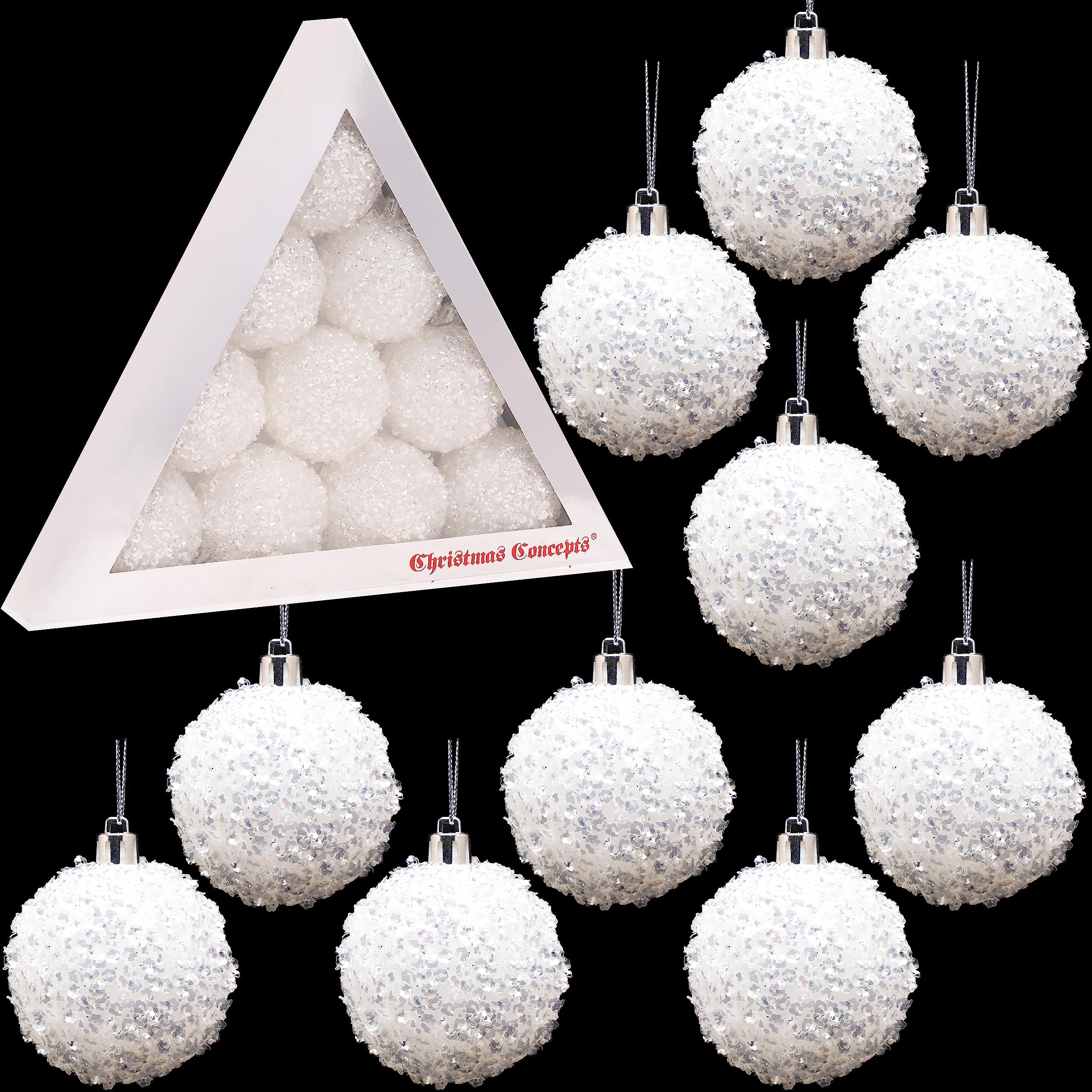 Toyland® Pack of 4-70mm Christmas Tree Baubles - Sparkly White frosted ...