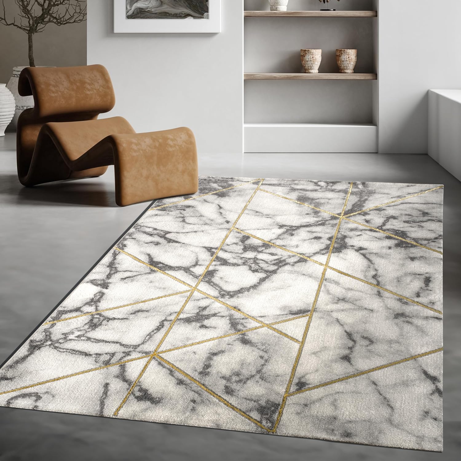 Amazon.com: Area Rug Modern Marble Pattern in Cream Gold Grey for ...