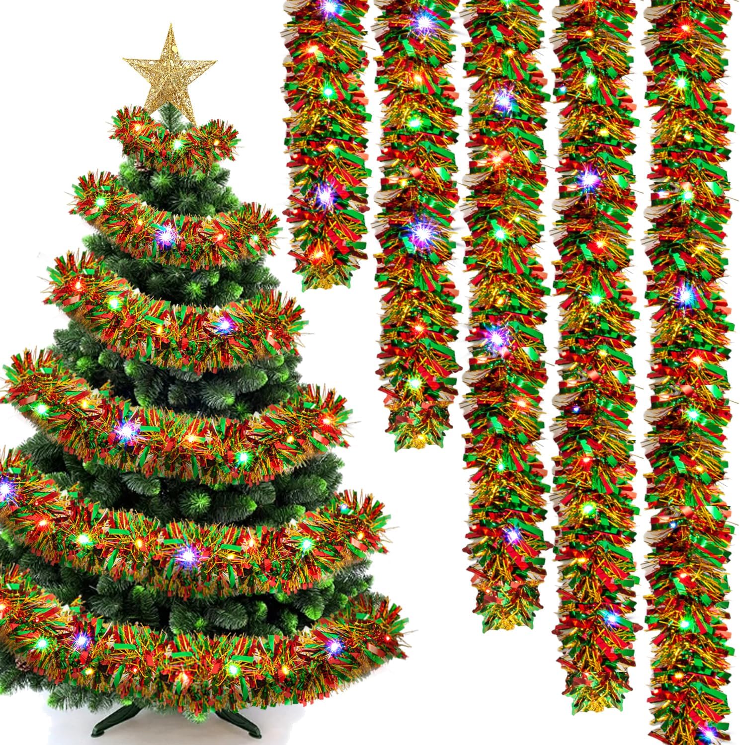 Amazon.com: Craftsatin 65.6 Ft Christmas Tinsel Garland with 65.6 Ft ...