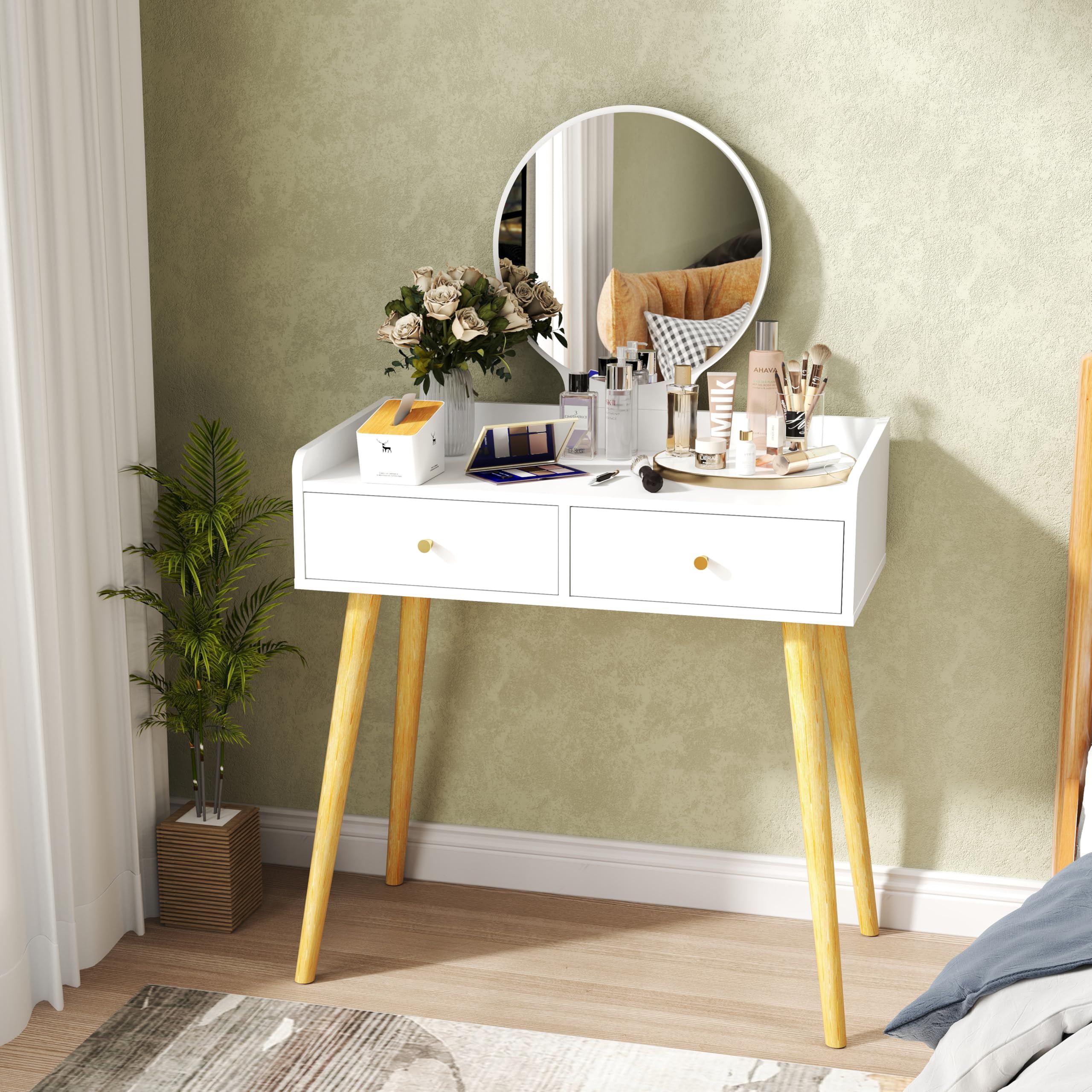 Amazon.com: Mhsatyrs White Vanity Desk with Mirror: 31" Wood Bedroom ...
