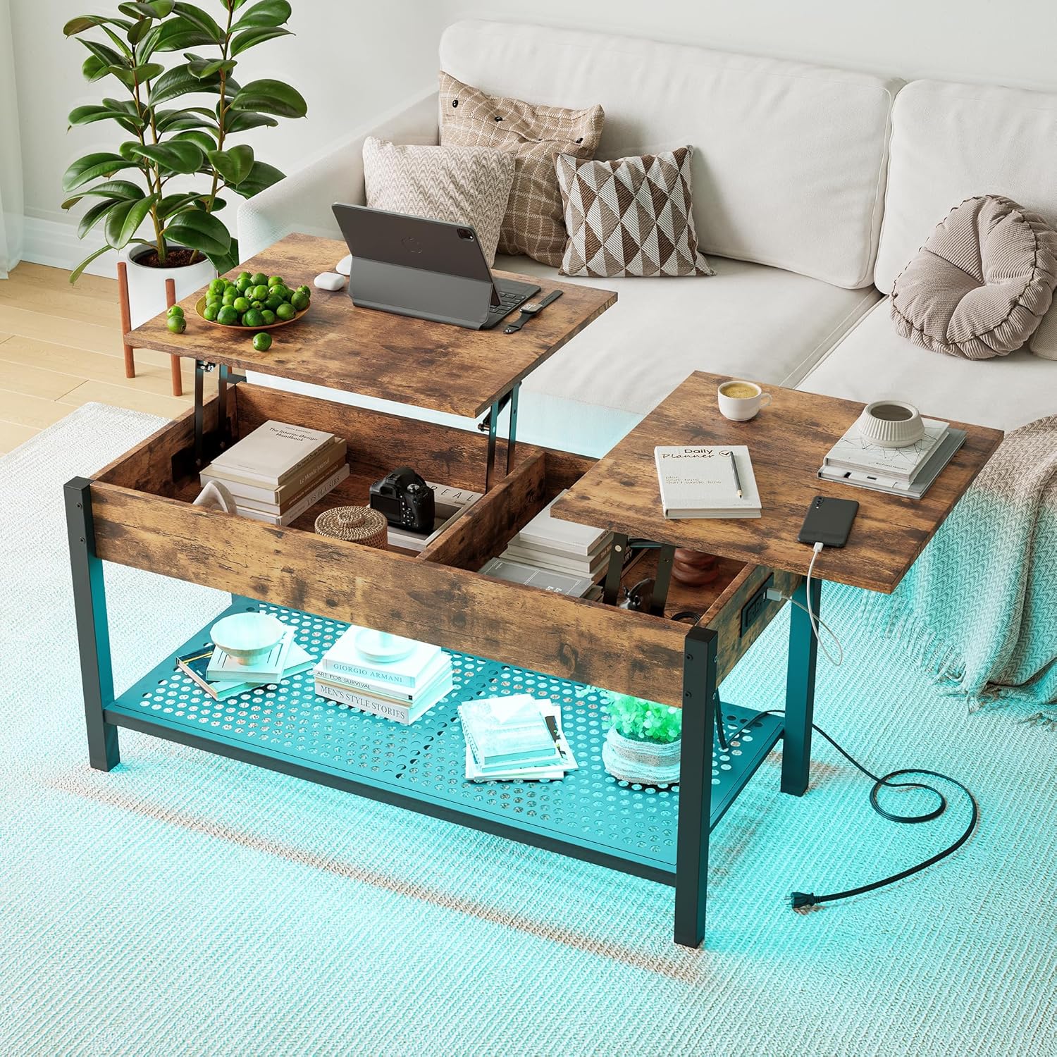 Amazon.com: HOJINLINERO Lift Top Coffee Table with Storage/LED Lights ...