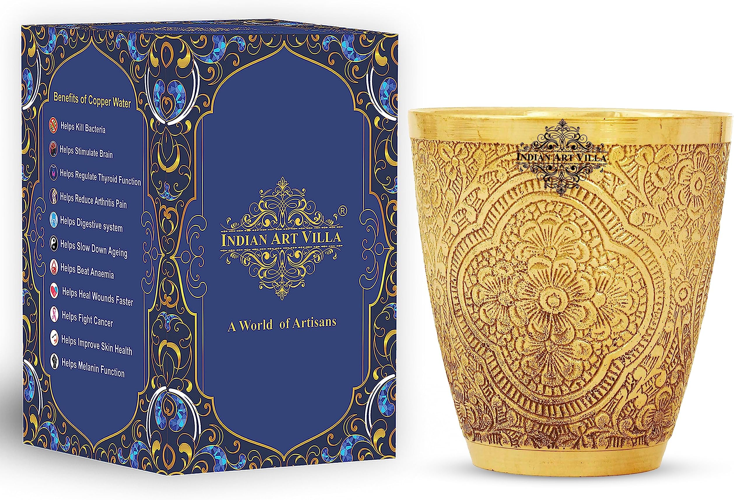 Buy INDIAN ART VILLA Brass Glass Tumbler, Etched Goblet Design, 350 ML ...