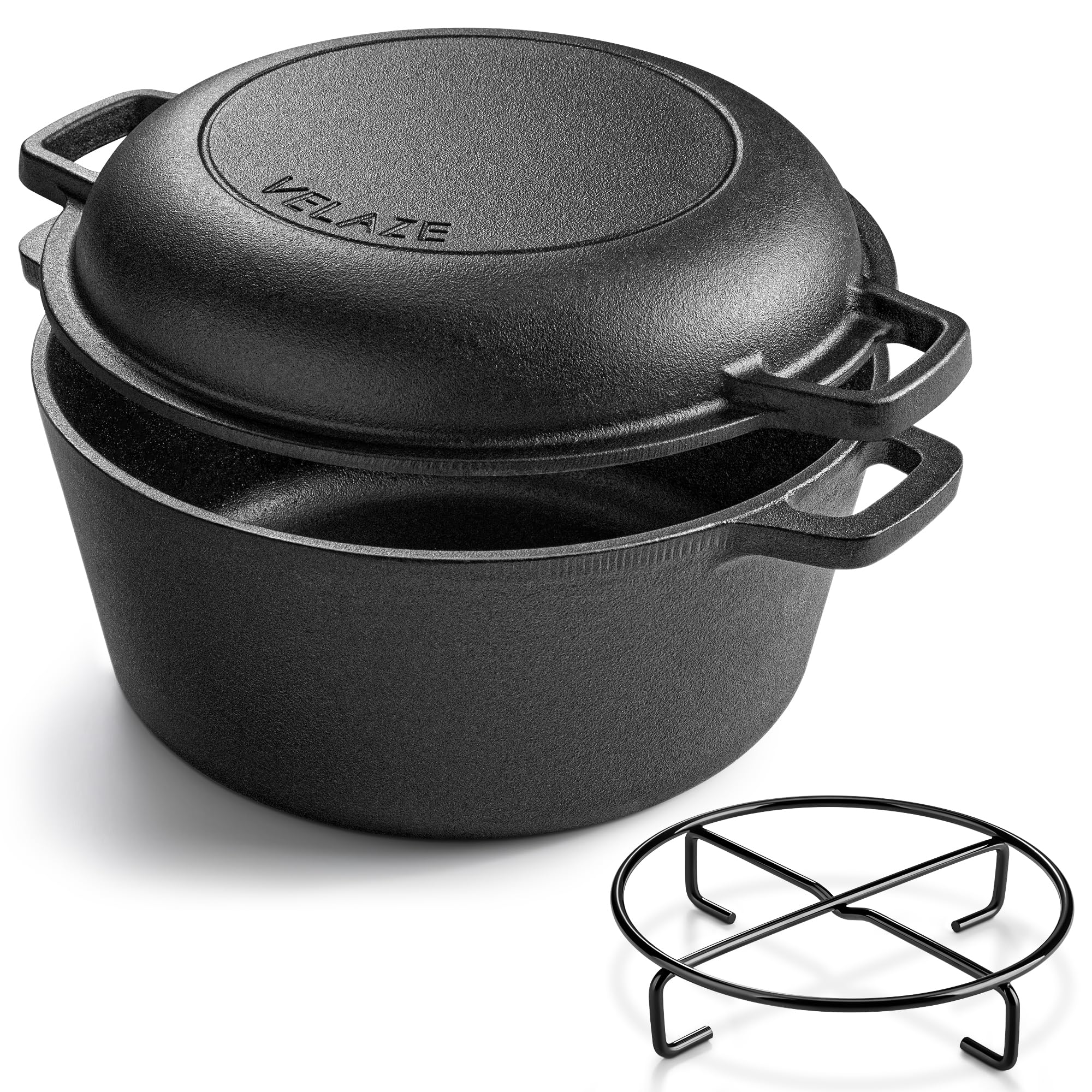 Amazon.com: Velaze Cast Iron Dutch Oven Pot with Skillet Lid, 2-in-1 ...