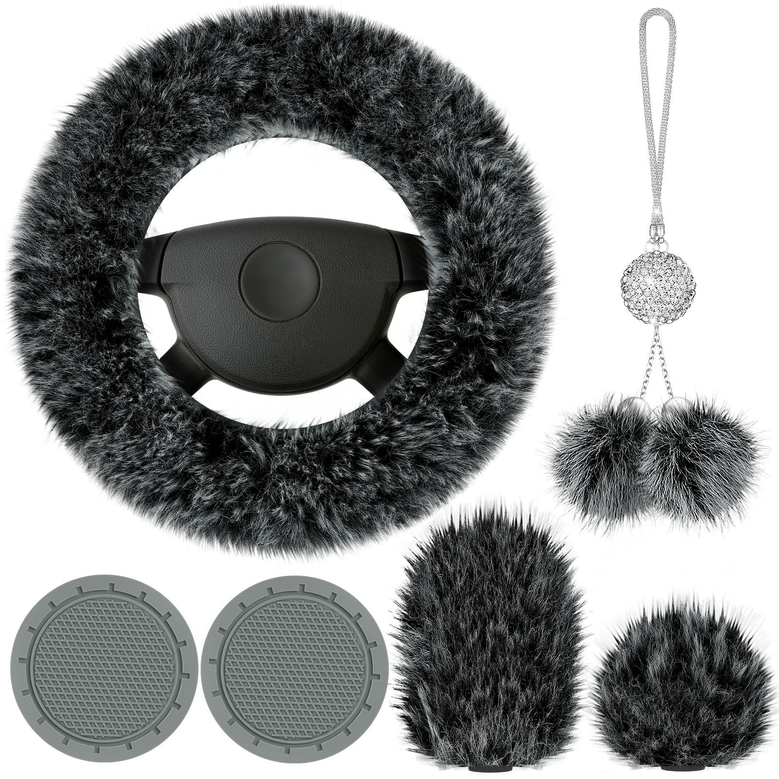 Frienda 6 Pieces Fluffy Car Accessories Set Fluffy Steering Wheel Cover ...