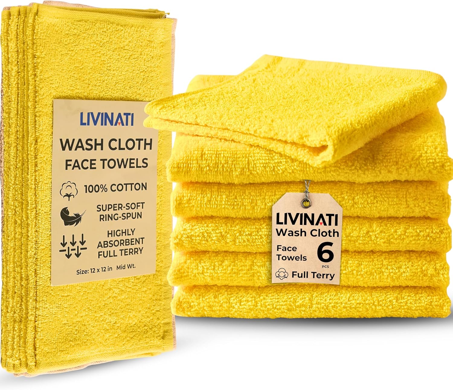 Amazon.com: LIVINATI Yellow 100% Cotton Wash Cloths for Showering Body ...