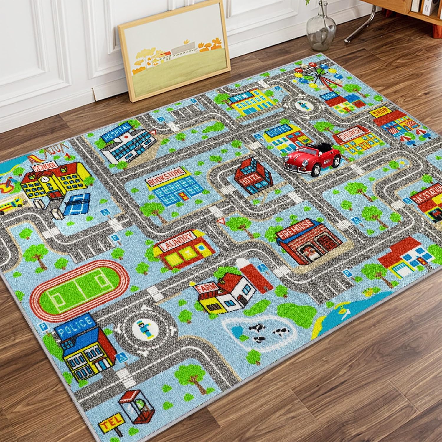 Capslpad Kids Play Rug 100x160cm Car Mat for Toy Cars Short Pile Non ...