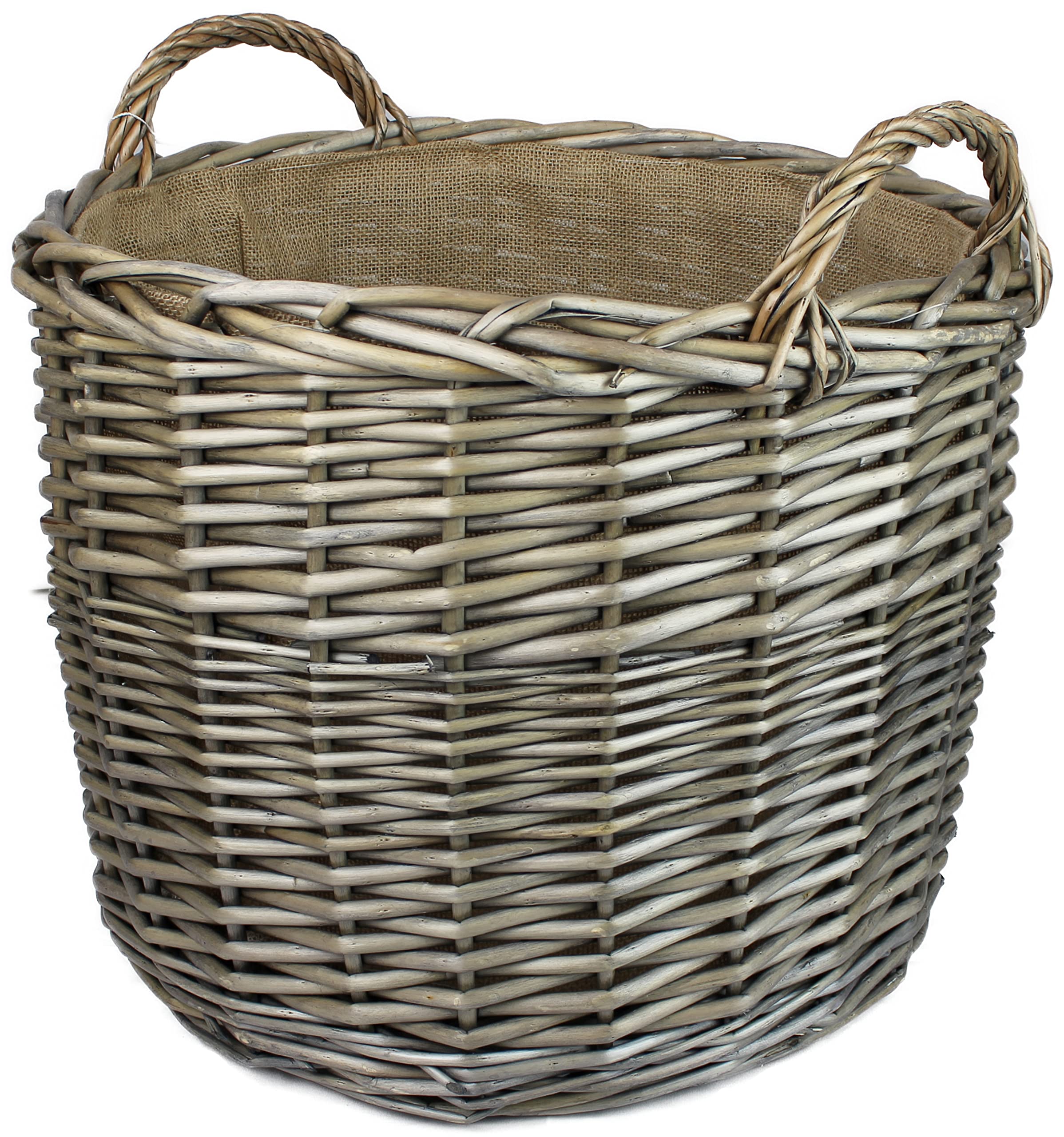 Round Hessian Lined Grey Wicker log baskets. Wood & kindling storage ...