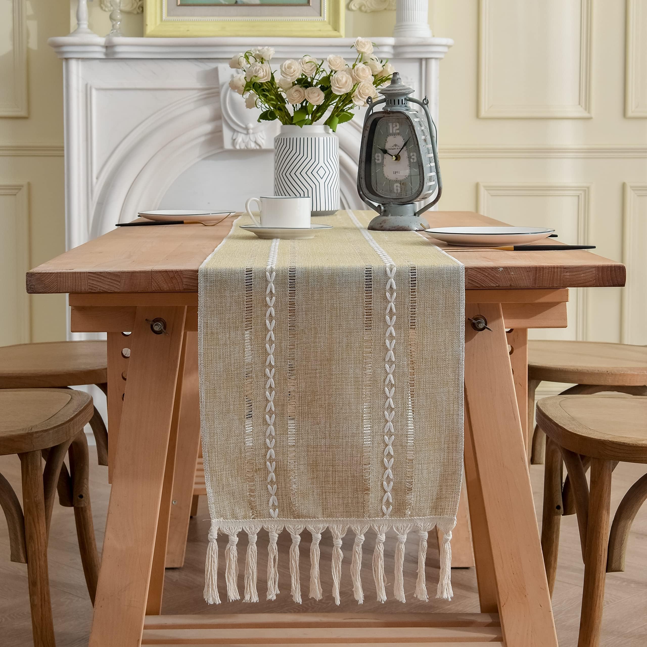 Amazon.com: Country Rustic Linen Table Runner with Tassel Striped ...