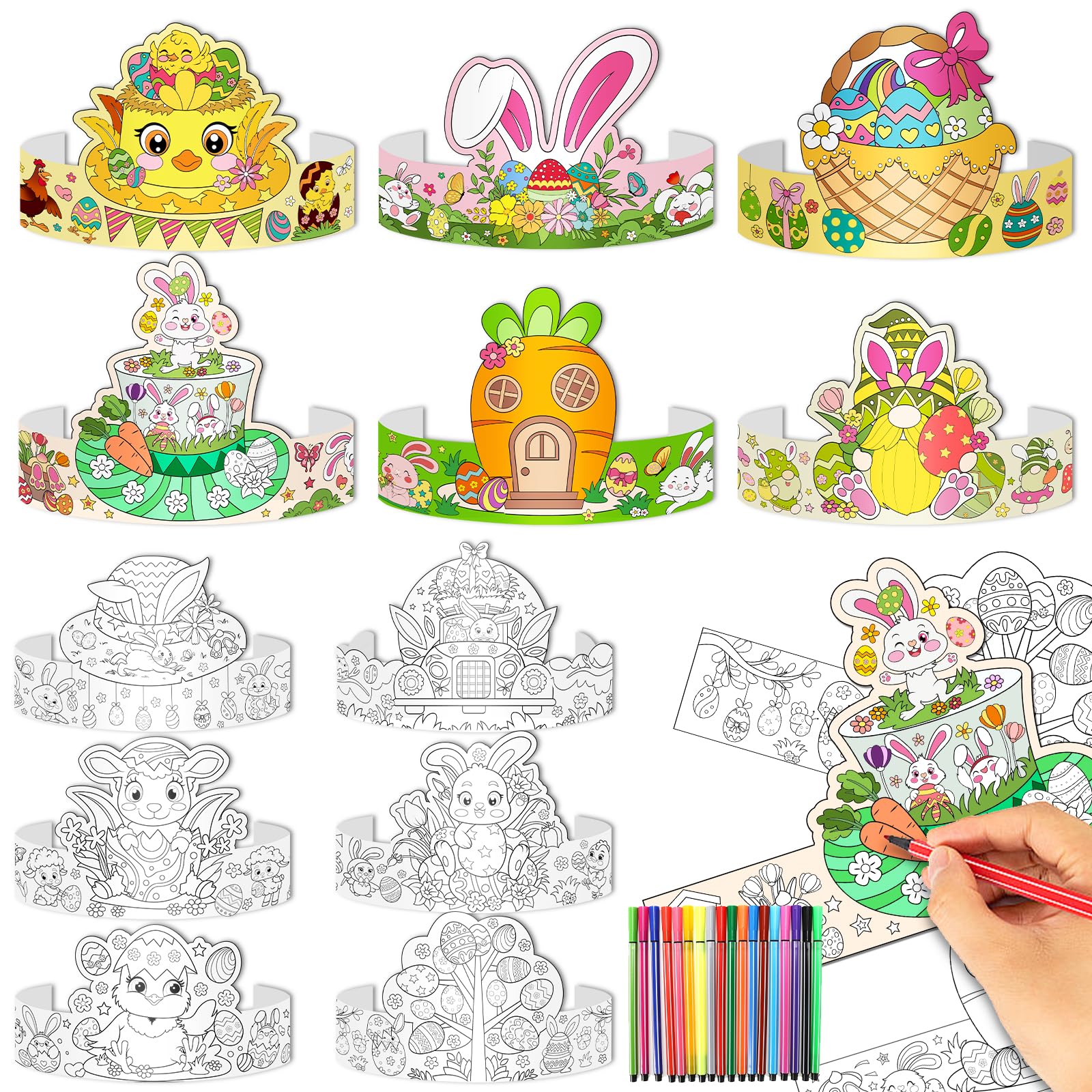DPKOW 24pcs Colouring Easter Hats for Kids, Colour Your Own Bonnets ...