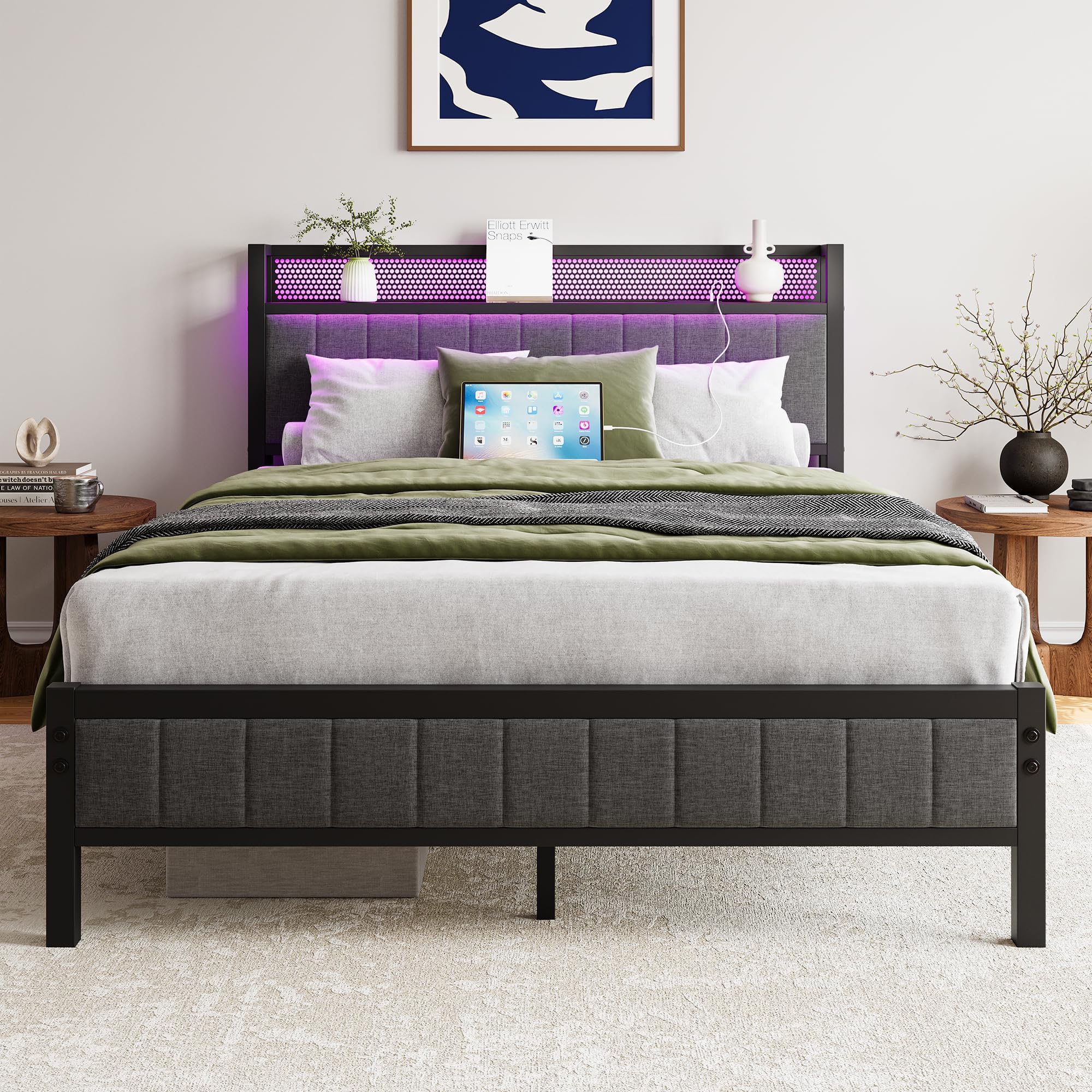 Amazon.com: BOFENG Full Size Bed Frame with Storage Headboard/LED ...
