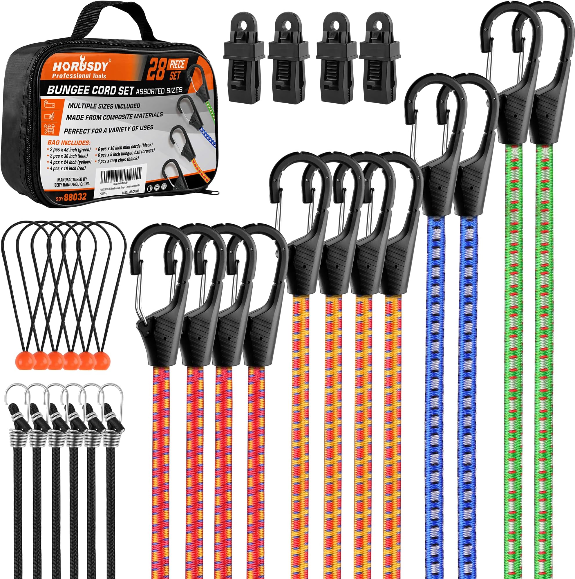 HORUSDY 28-Piece Premium Bungee Cords with Hooks, Includes 10”, 18”, 24 ...