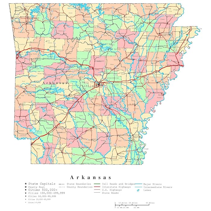 Buy Large Detailed Administrative map of Arkansas State with Roads ...