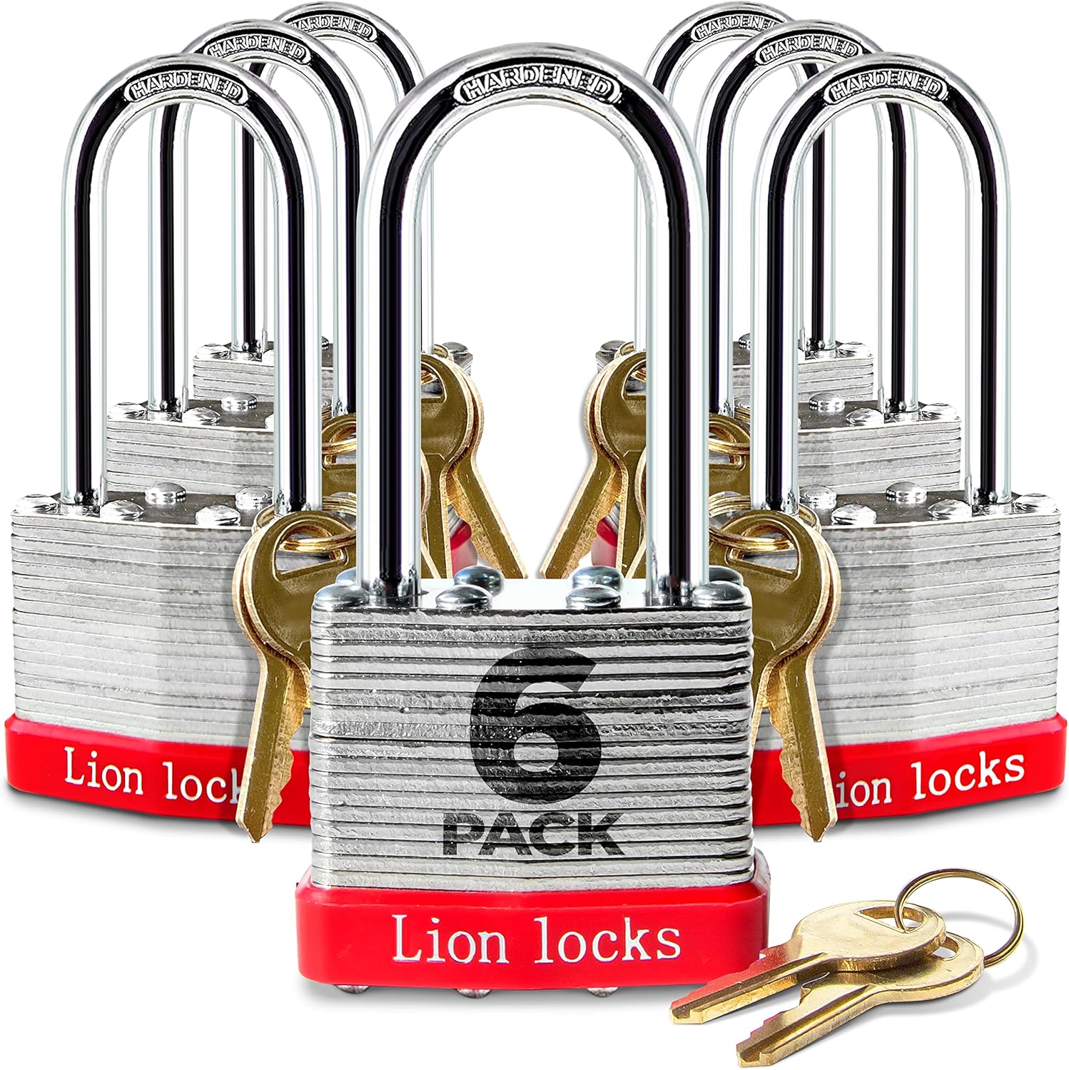 Lion Locks 6 Keyed Alike Padlocks with 2" Long Shackle, 12 Keys ...