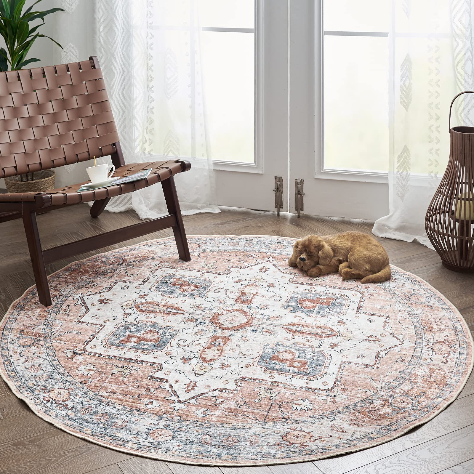 TOPICK Round Rug 5Ft Bohemian Area Rug Indoor Circle Grey Rug Washable ...