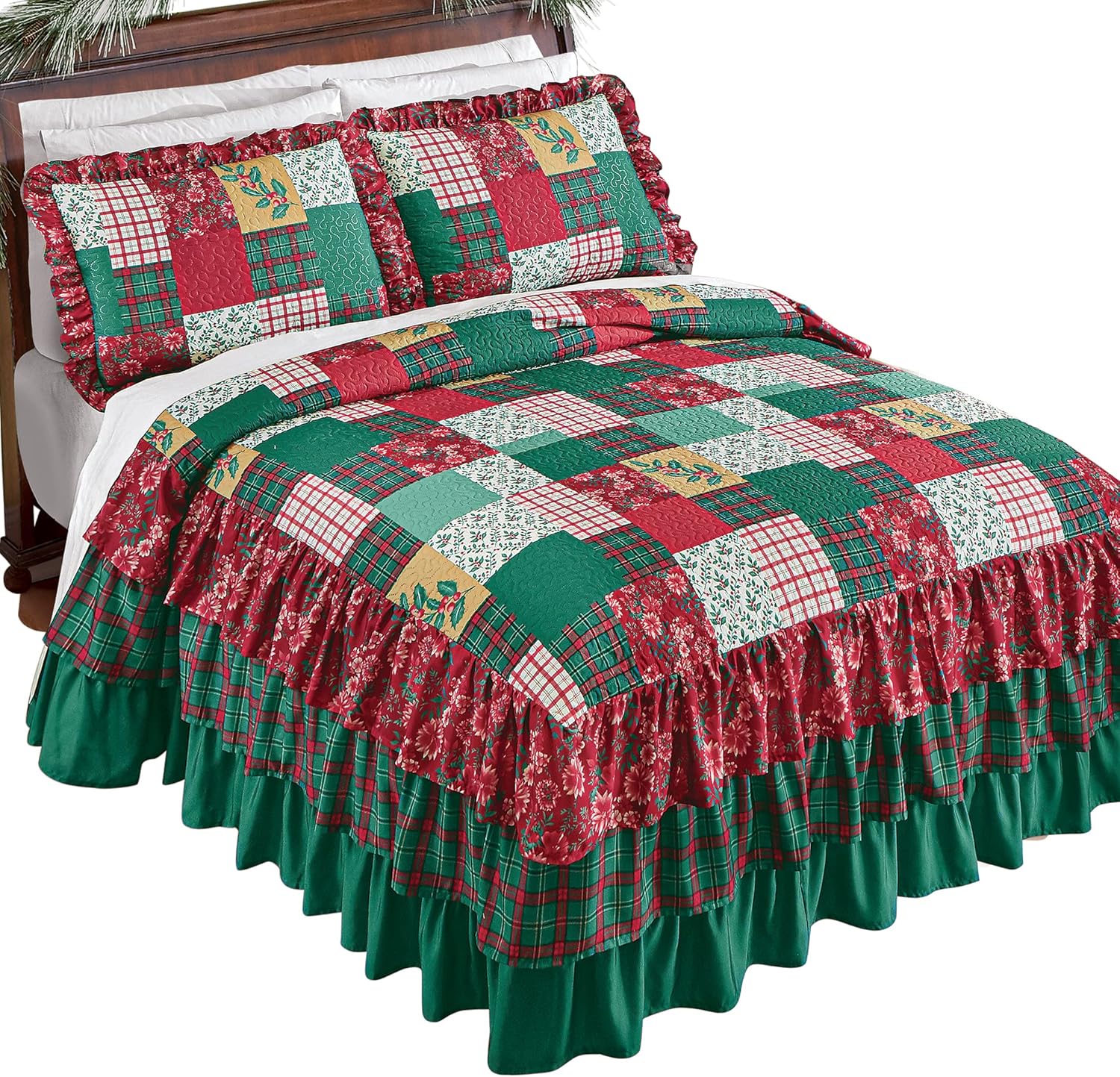 Amazon.com: Collections Etc Holiday Patchwork Triple Ruffle Bedspread ...
