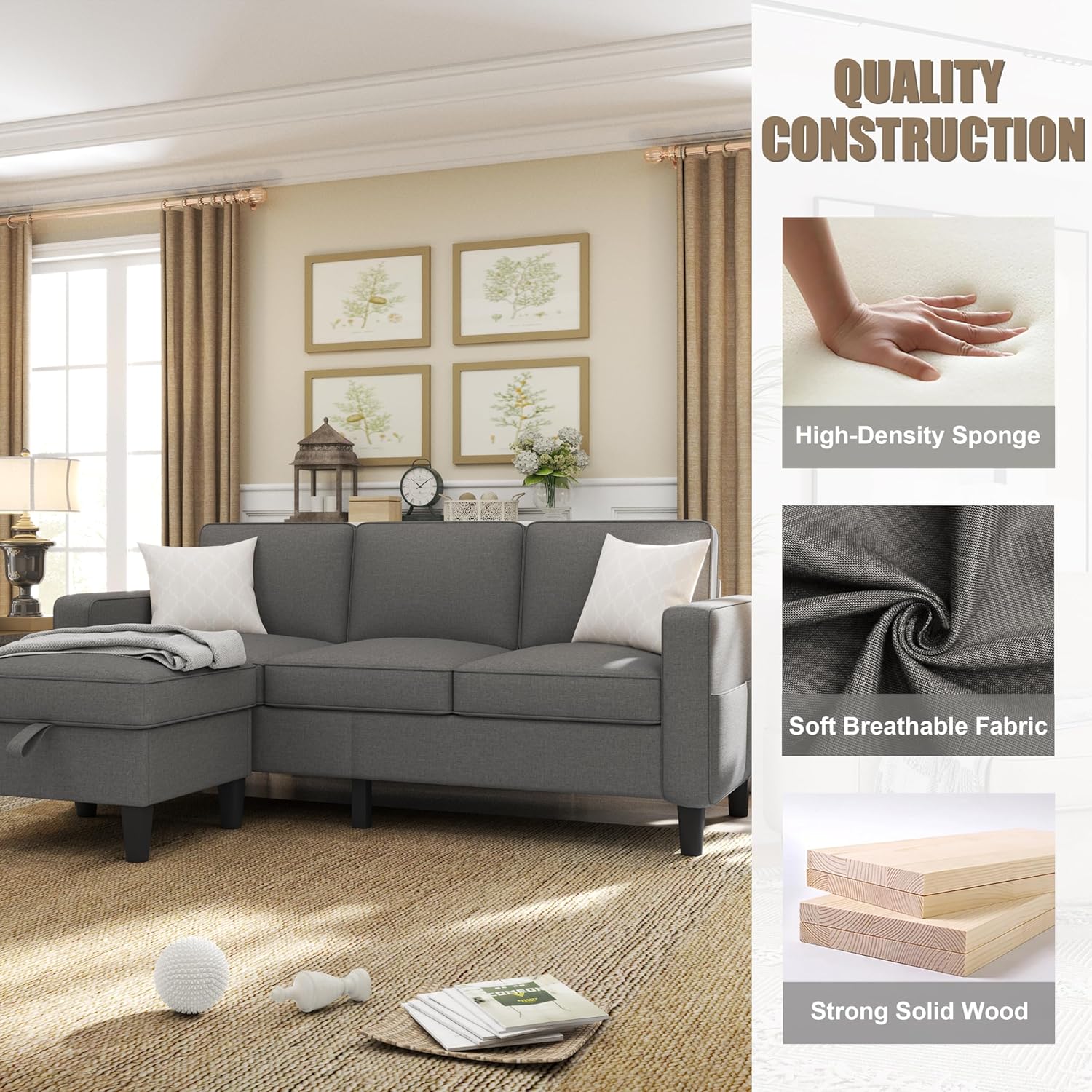 ZeeFu Sofá modular convertible, moderno tapizado de tela de lino gris ...