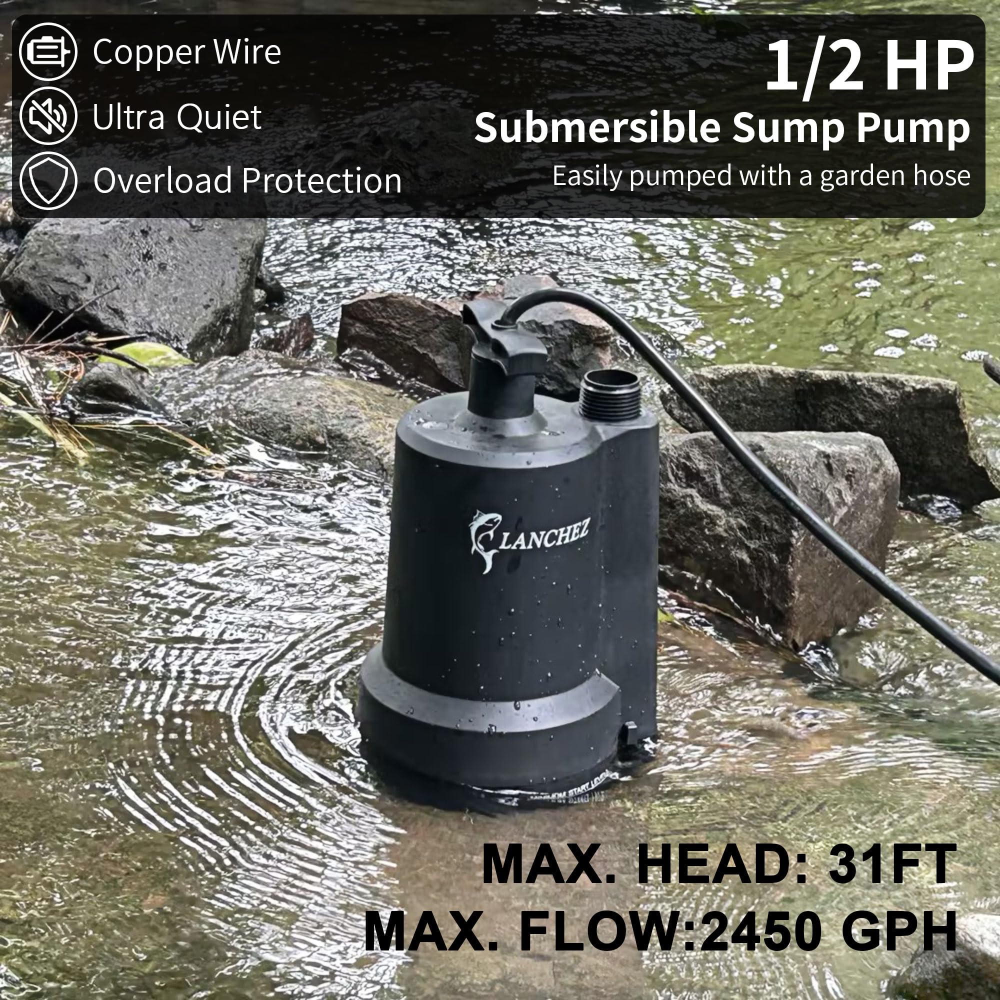Snapklik.com : Lanchez Sump Pump, 1/2 HP 2450GPH Submersible Utility ...