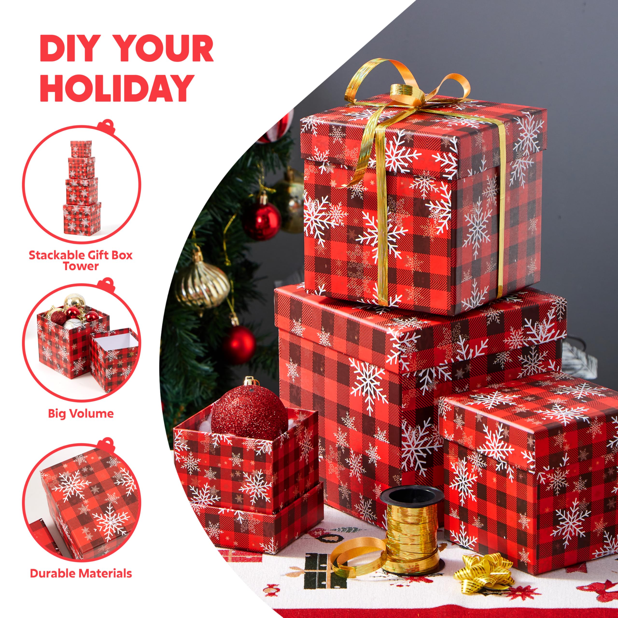 JOYIN 4 Pcs Christmas Nesting Gift Boxes, Xmas Stackable Gift Boxes Set with Lids for Gift ...