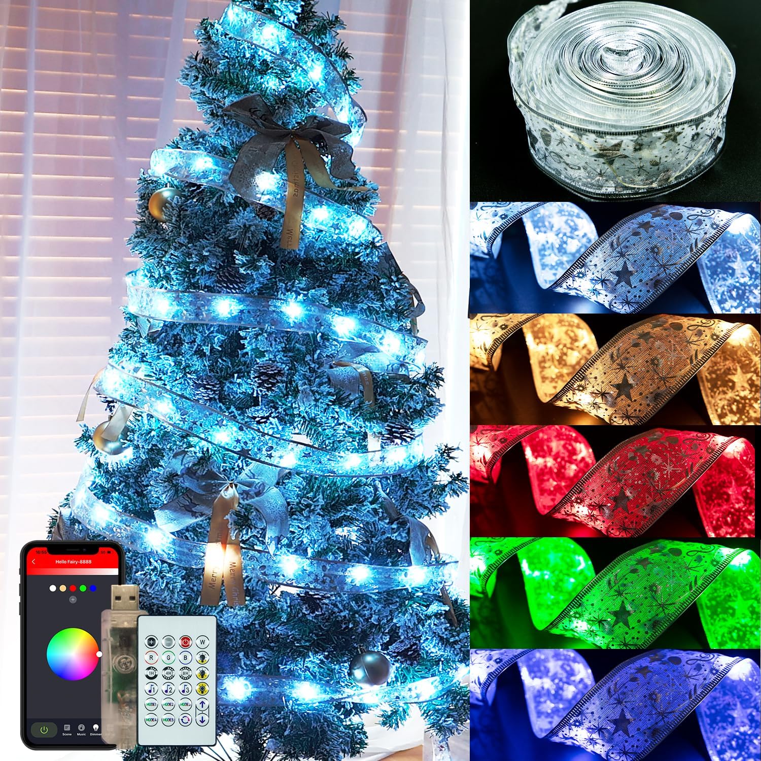 Amazon.com: Lphianx Smart Christmas Tree Ribbon String Lights, 33ft 80 ...
