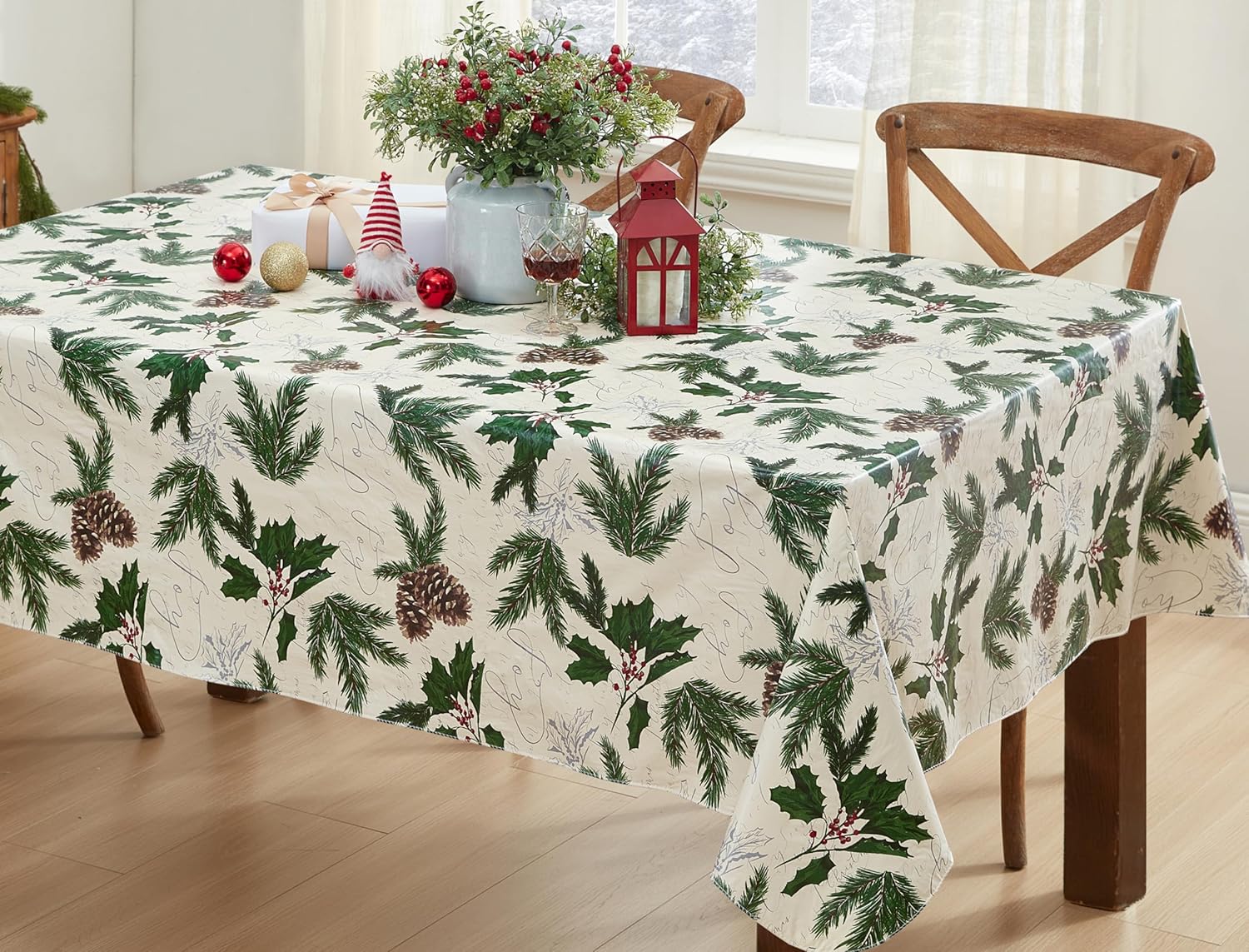 Amazon.com: Newbridge Joyful Holly Rustic Christmas Vinyl Tablecloth ...