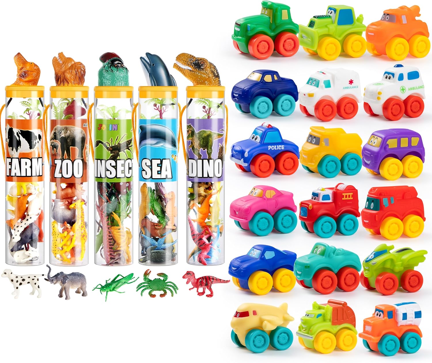 Amazon.com: JOYIN Cartoon Cars Soft Rubber Toy Car Set with 69Pcs Small ...