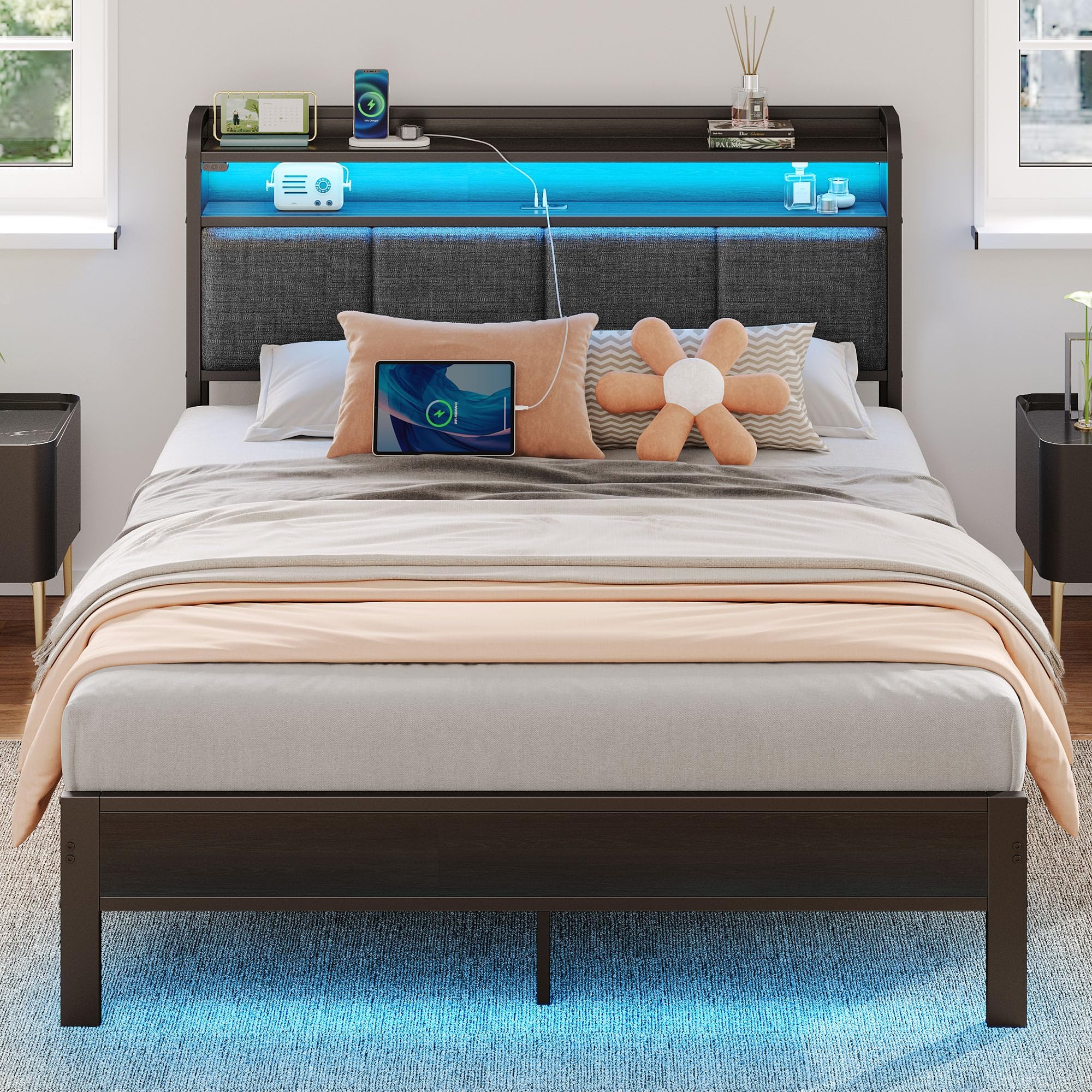 Amazon.com: OLEVS Full Bed Frame with Headboard, Metal Platform Bed ...