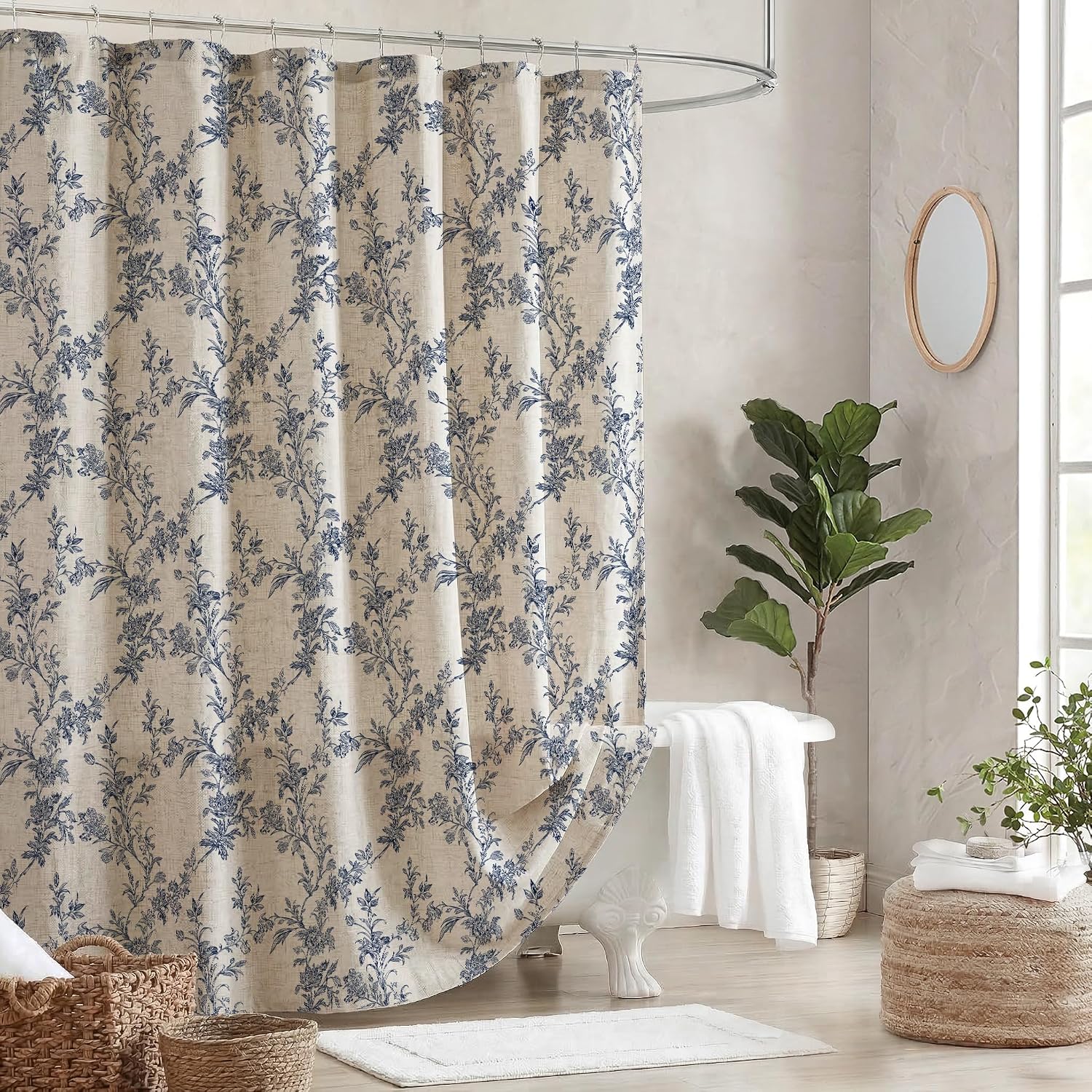 Amazon.com: TURKIO Blue Floral Farmhouse Vintage Linen Shower Curtain ...