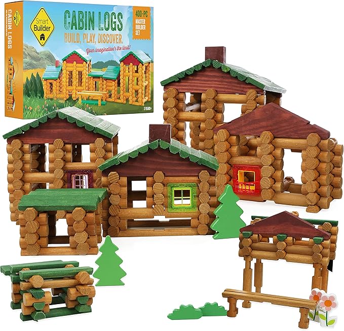 Amazon.com: Smart Builder Wood Cabin Logs Building Toys - Preschool ...