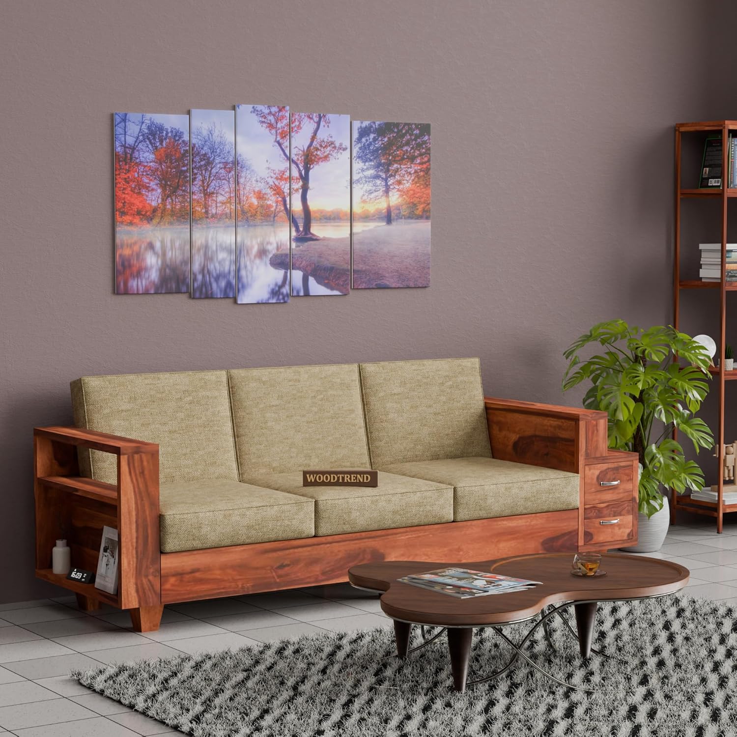 WOODTREND Sheesham Wood 3 Seater Sofa Set with 2 Drawer Storage ...