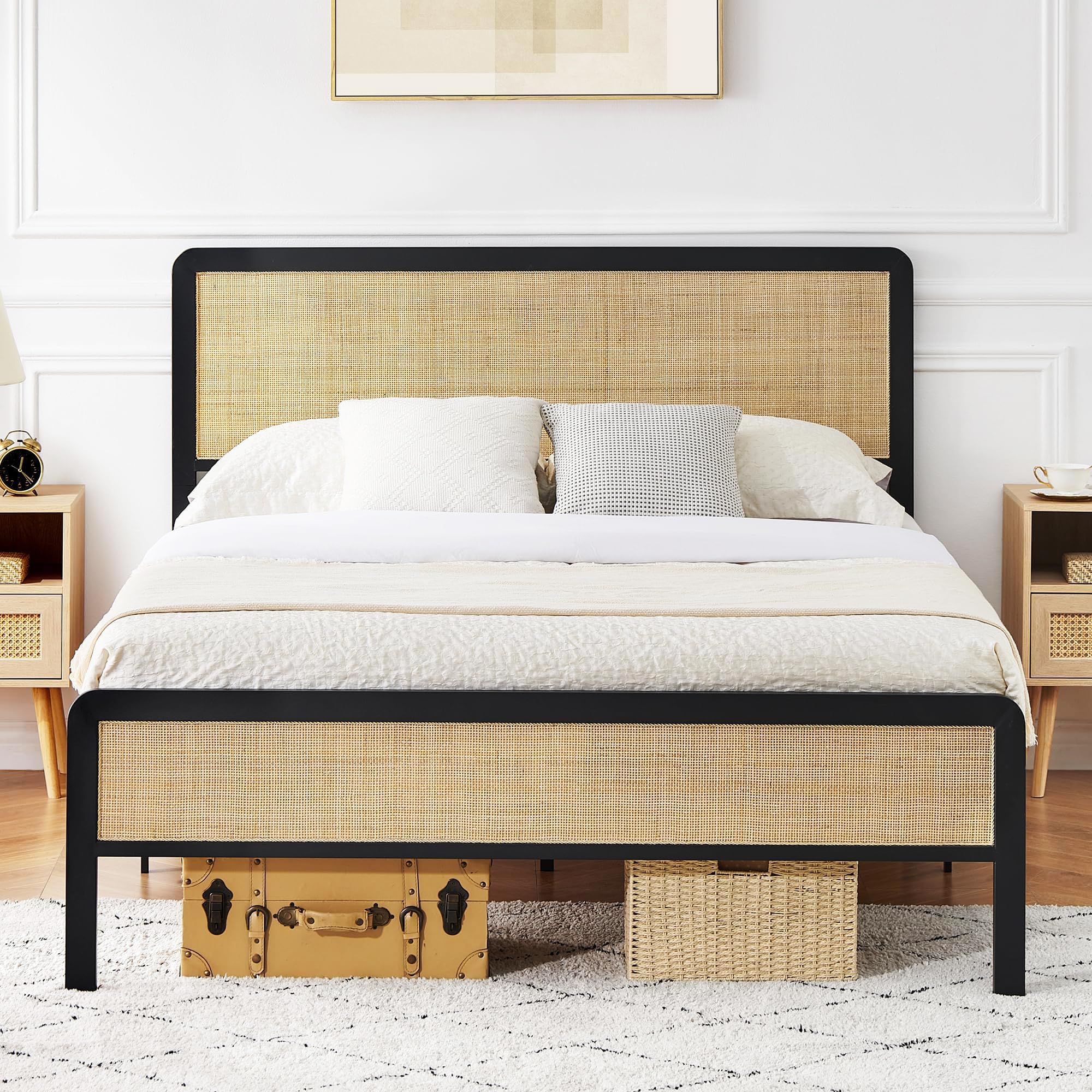 Amazon.com: IDEALHOUSE Full Size Bed Frame with Rattan Headboard and ...