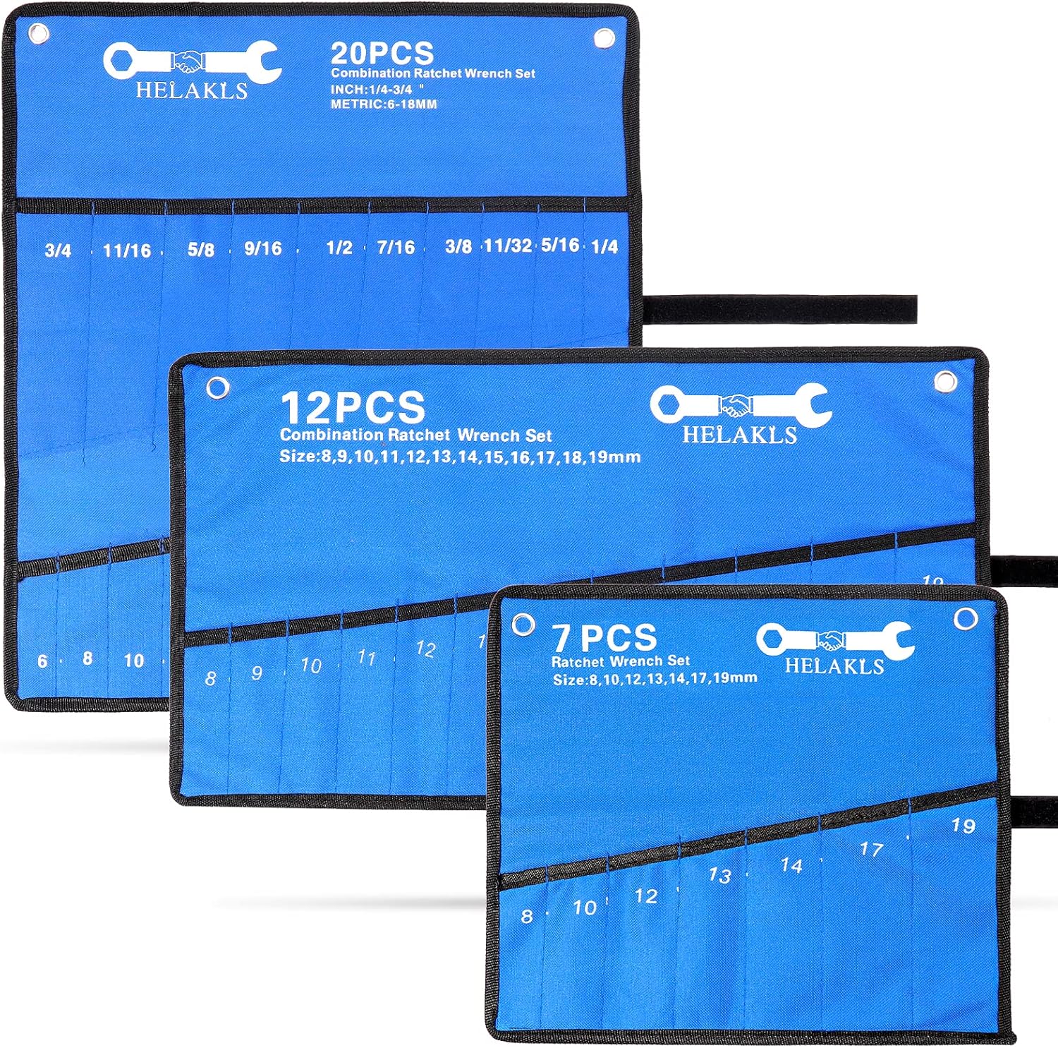 HELAKLS 3 Pieces (7+12+20 Pockets) Wrench Tool Roll Up Pouch Utility ...