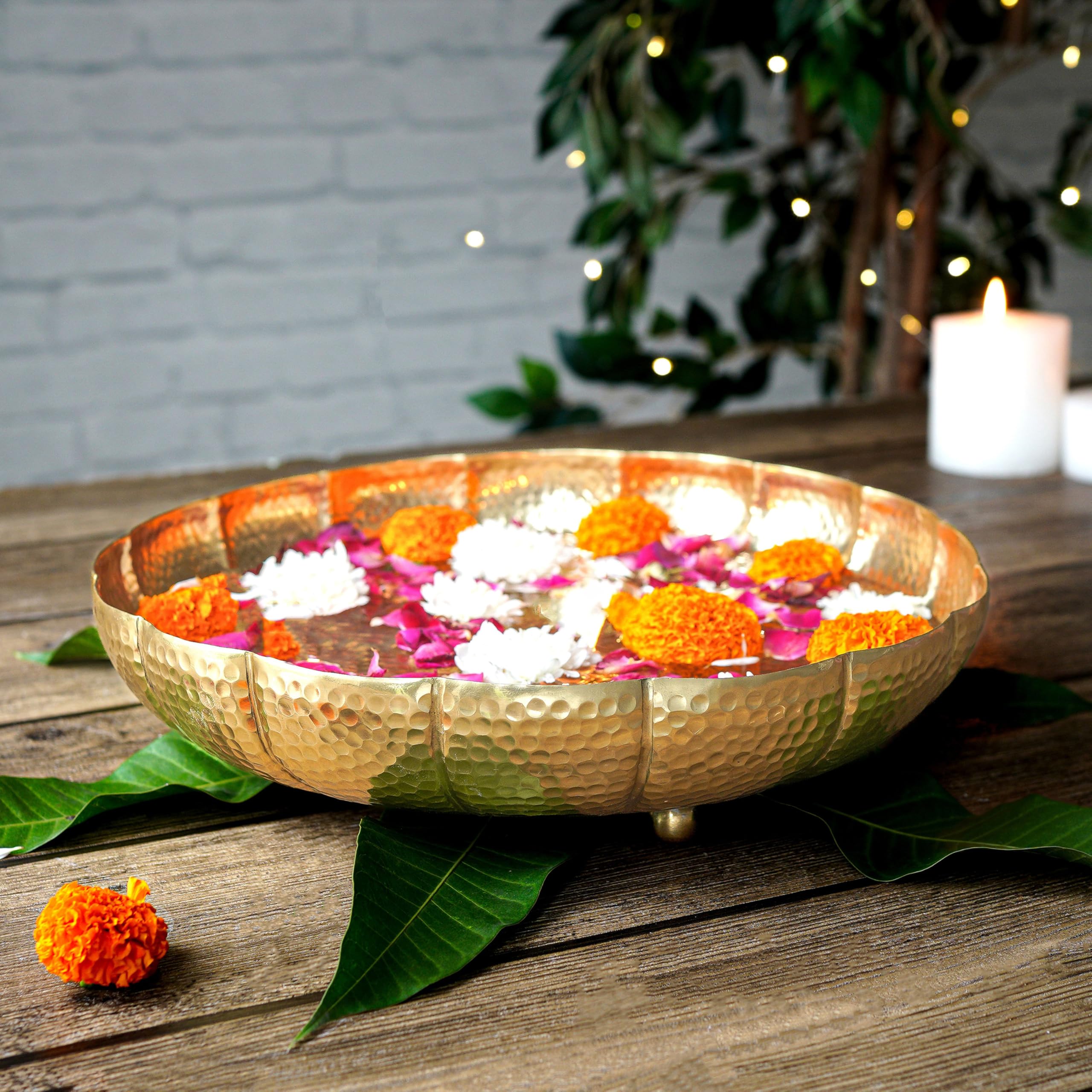 Buy BEHOMA Golden Aluminium Hammered Lotus Design Urli Indoor Outdoor ...