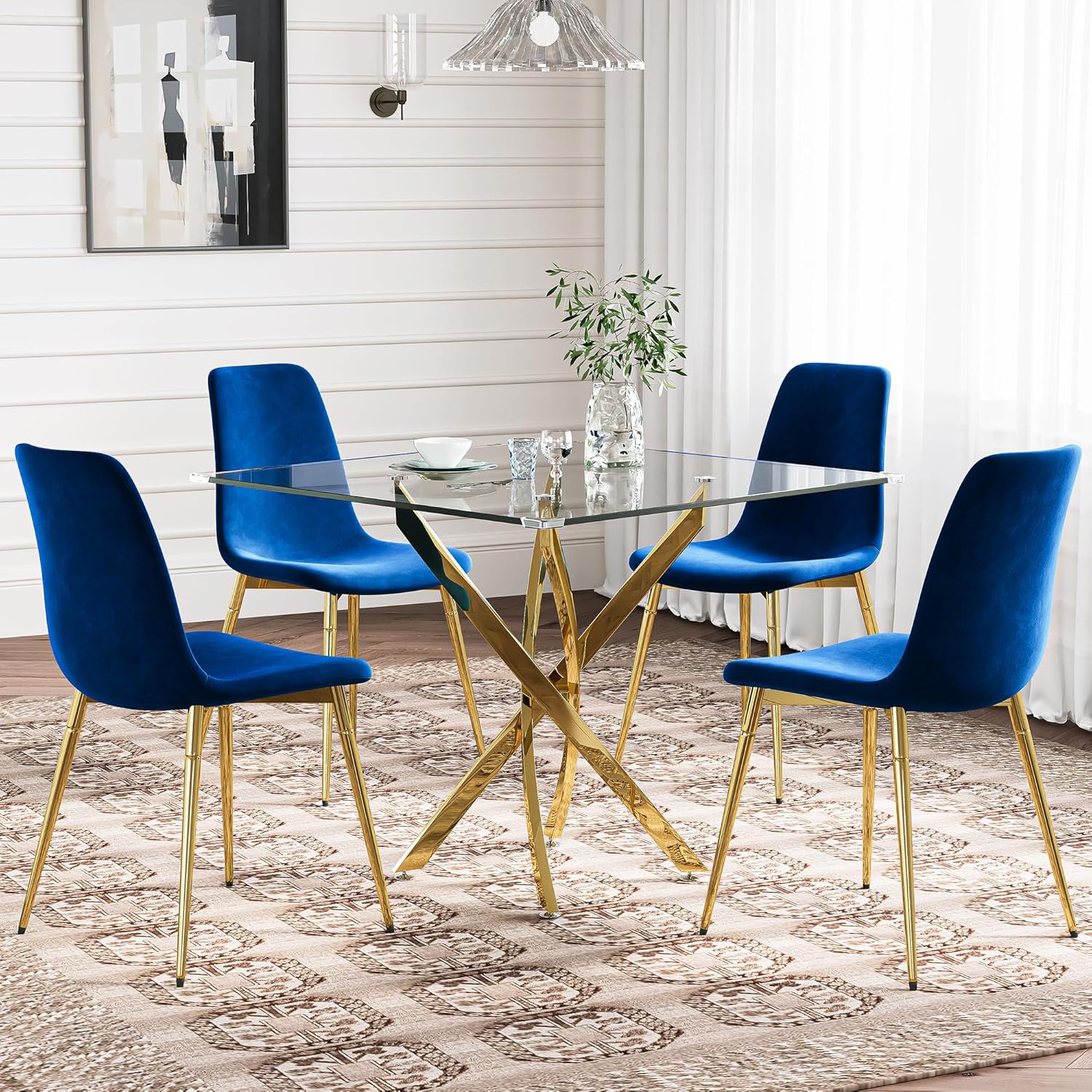 5-Piece Glass Dining Table Set, Modern Square Gold Dining Room Set with ...