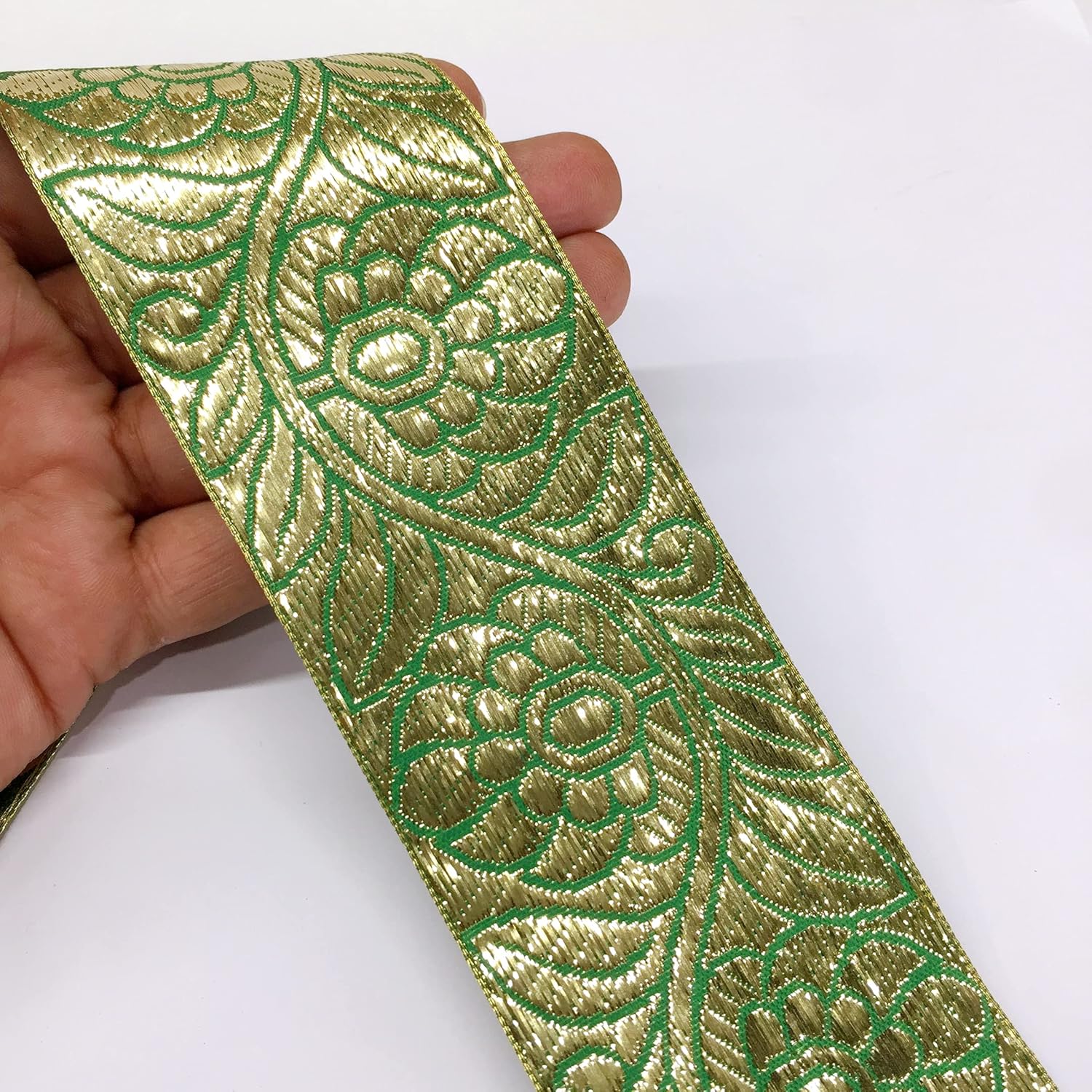 Lami 9 Meter Golden Jari/Zari Lace On Green Base, Golden Flower Design ...