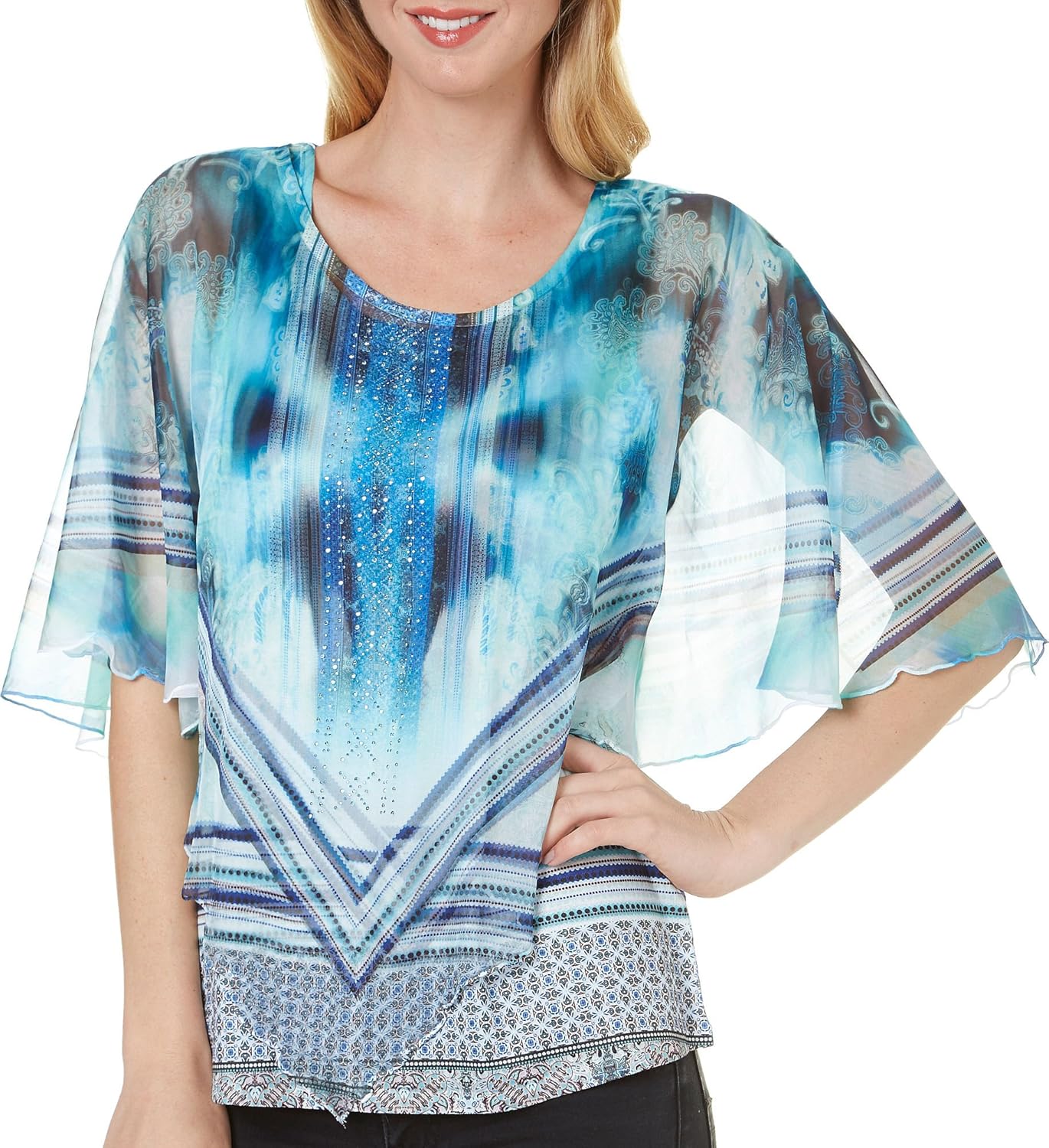 Amazon.com: OneWorld Women's V Shape Woven Overlay Top with Printed ...