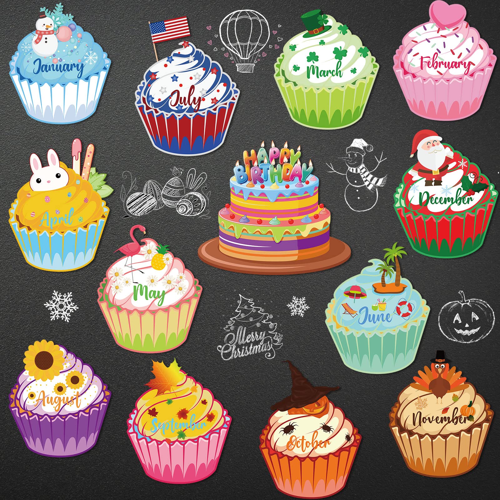 65 Pieces Happy Birthday Bulletin Board Decorations Birthday Cupcake ...