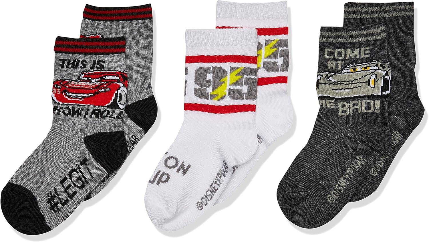 Amazon.com: Disney Boys' Cars 3 Pack Crew Socks, Grey Assorted, Fits ...