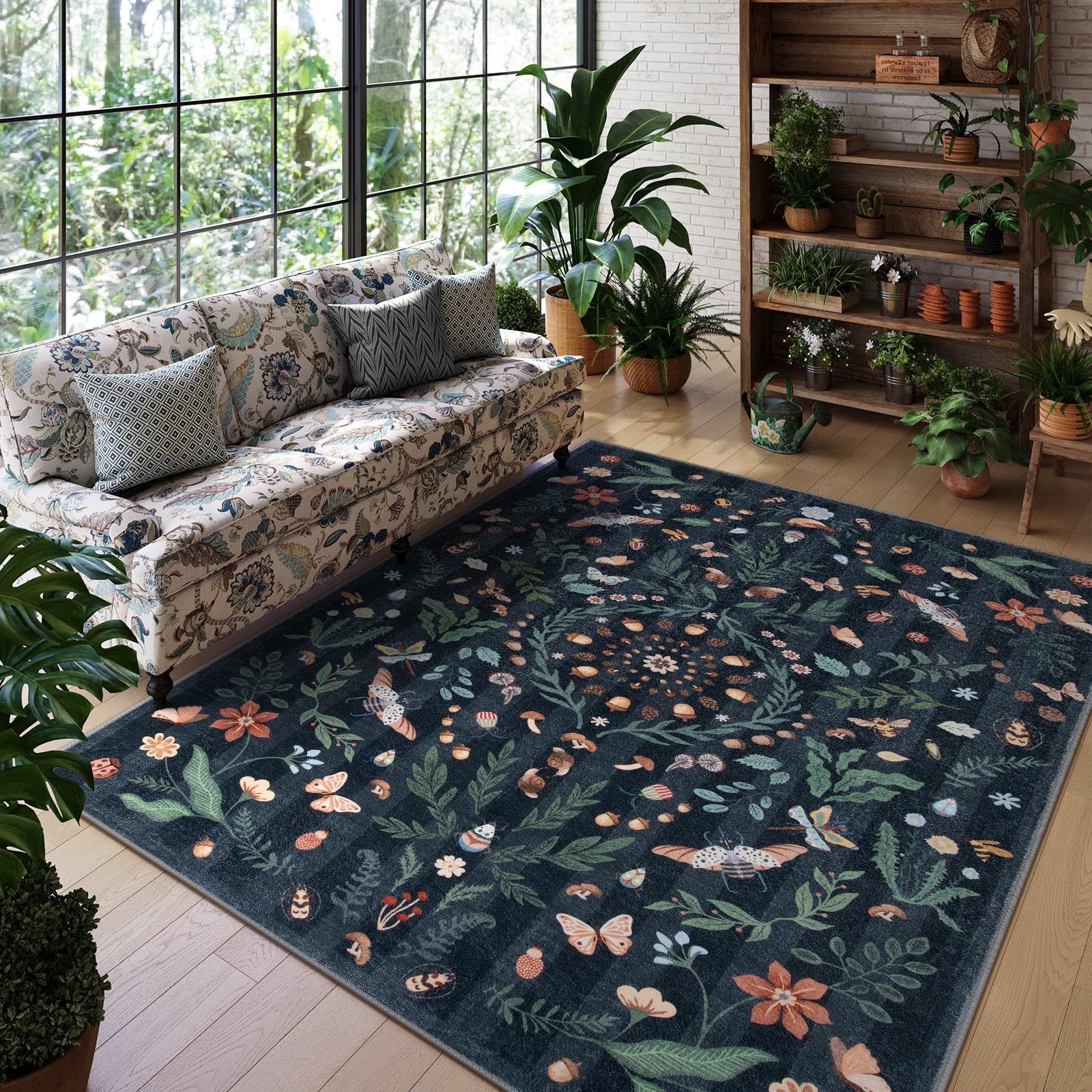 Amazon.com: Lahome Insect Botanical Washable Black 6x9 Area Rugs for ...