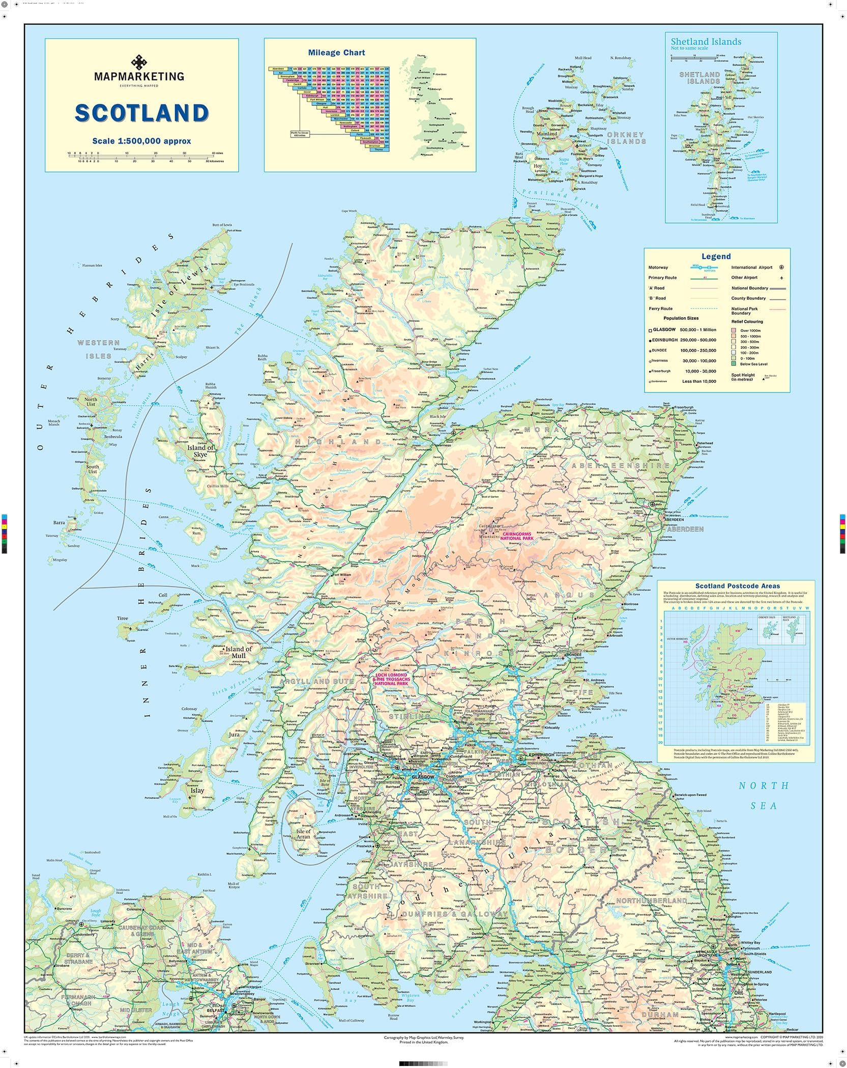 Scotland Road Wall Map Laminted With Postcode, Ferry Routes, Mileage ...