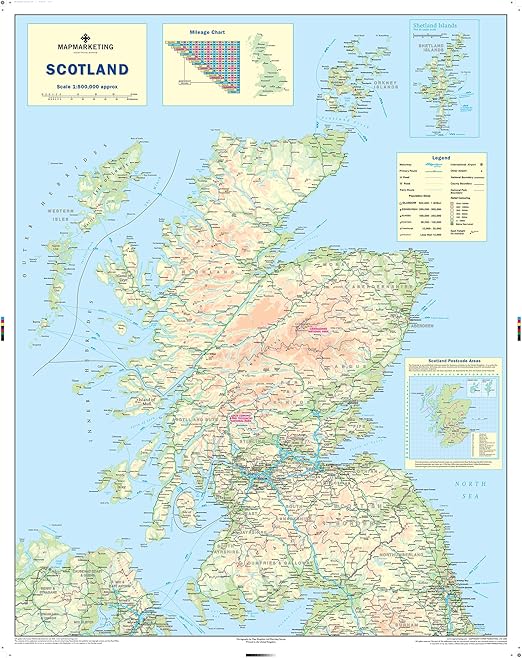 Scotland Road Wall Map Laminted With Postcode, Ferry Routes, Mileage ...