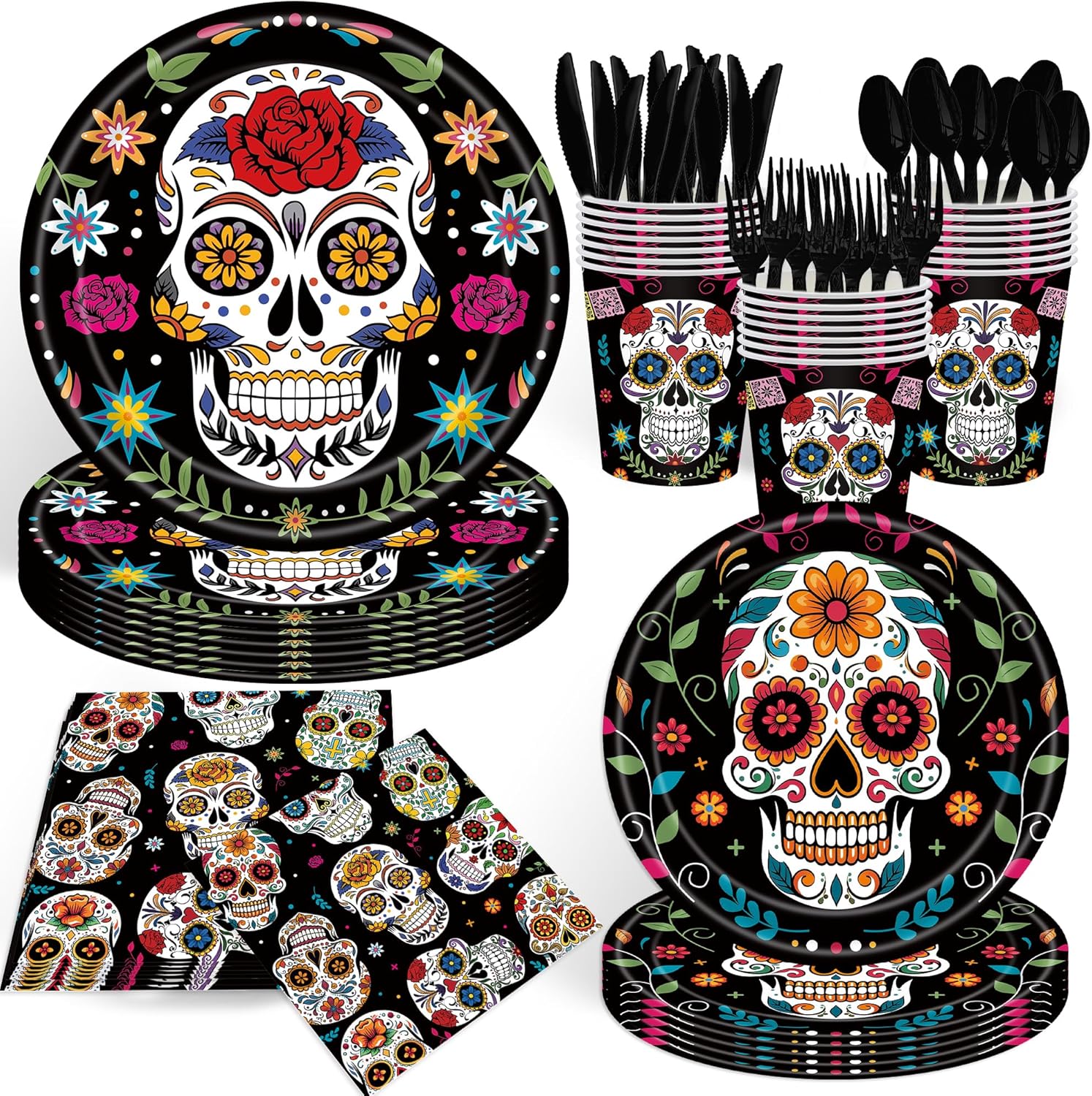 Amazon.com: 140Pcs Day of the Dead Party Supplies Sugar Skull Tableware ...