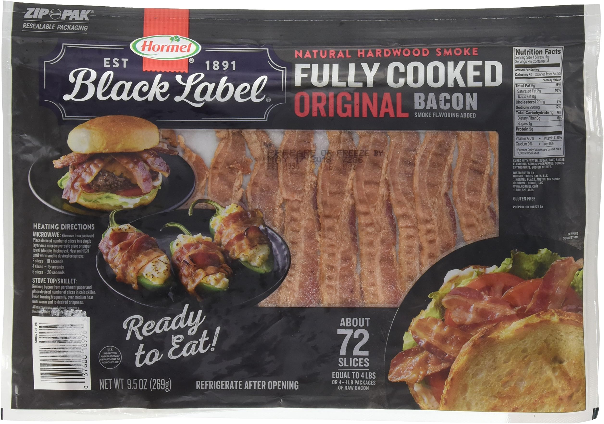 Amazon.com: Hormel Black Label Fully Cooked Bacon (72 Slices) - PACK OF ...